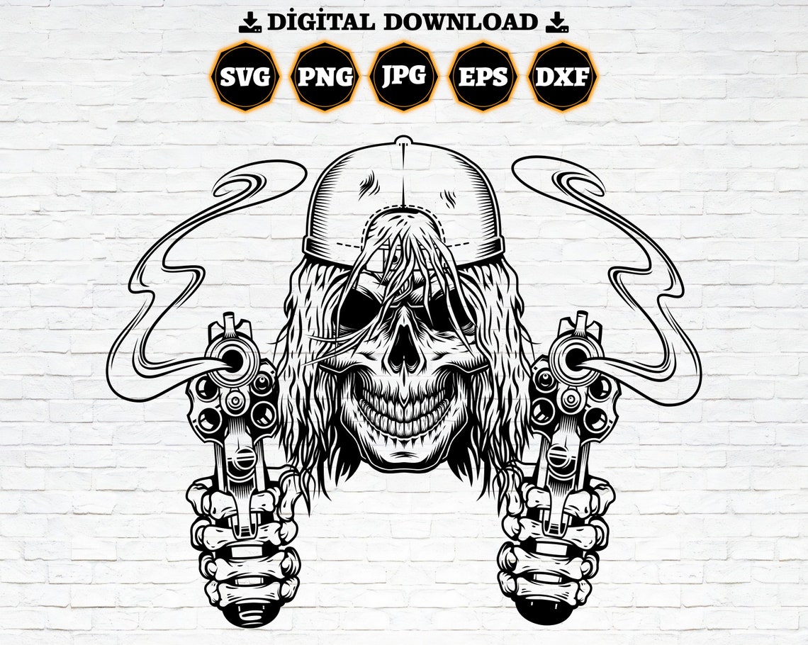 Skull With Guns Svg, Skull SVG, Skull Clipart, Angry Skull With Gun Svg ...