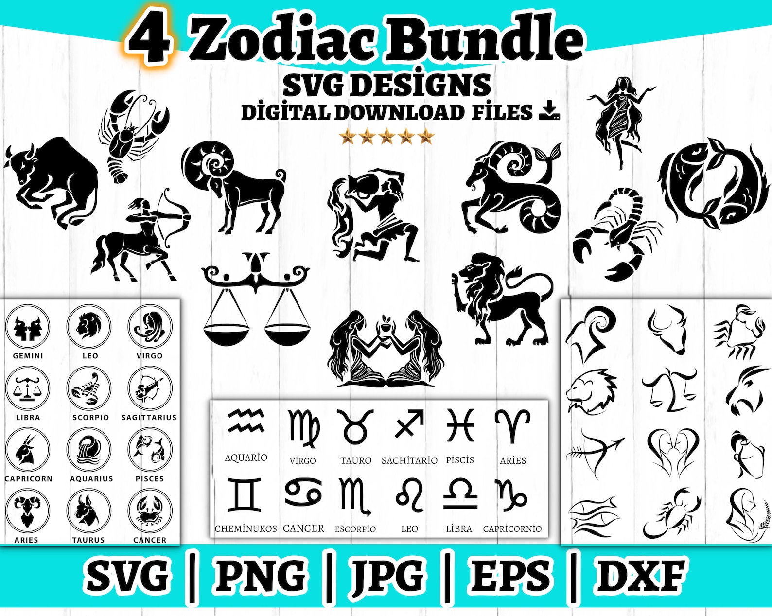 4 Zodiac Svg Bundle, Horoscope SVG, Boho Svg Cut File, Astrology SVG ...