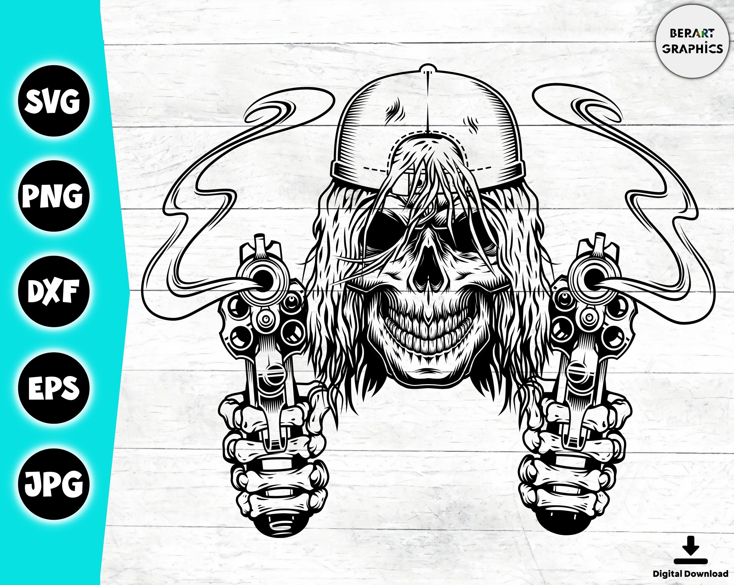 Skull With Guns Svg, Skull SVG, Skull Clipart, Angry Skull With Gun Svg ...