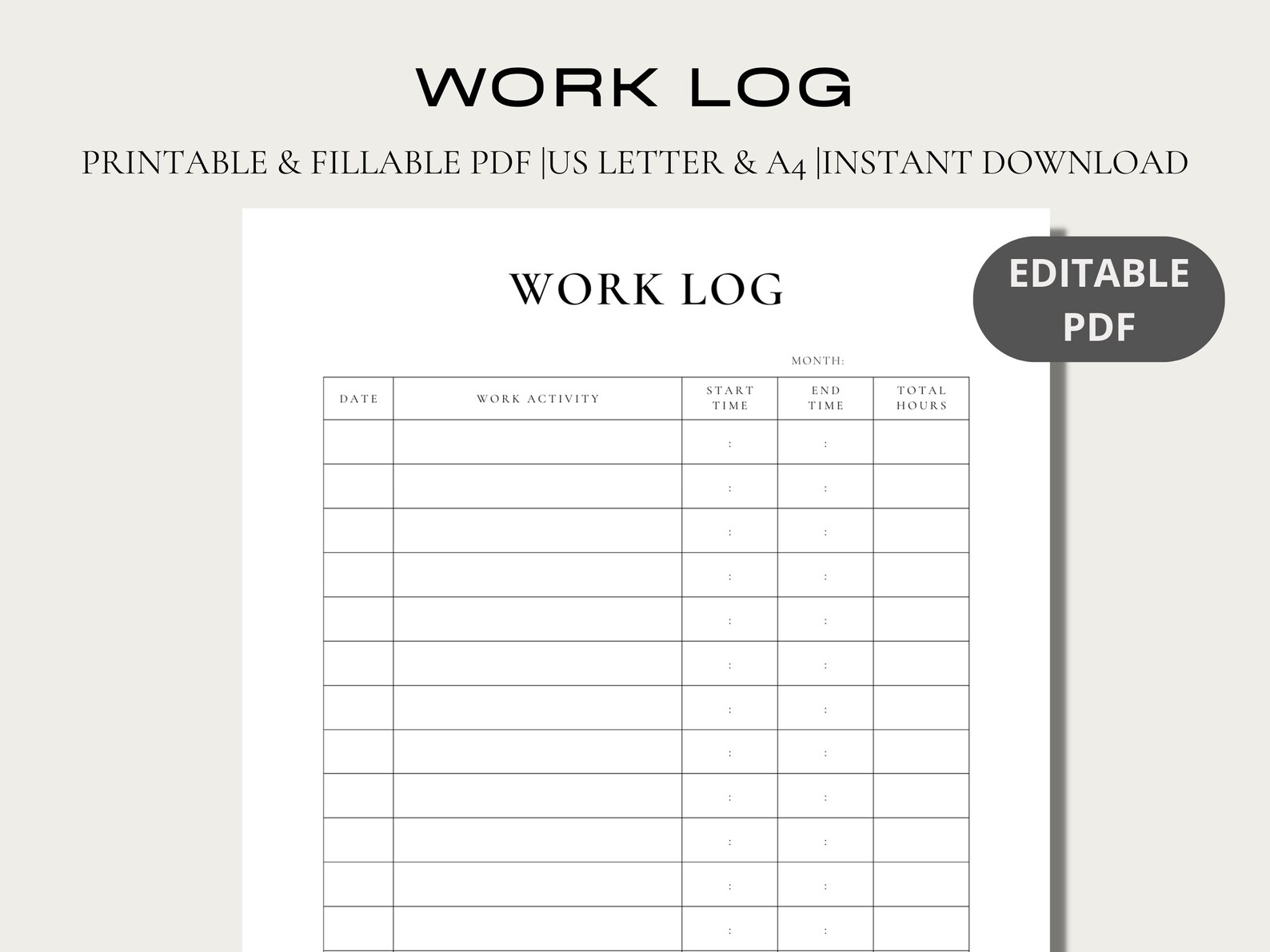 Editable Work Log Printable Time Log Time Tracker Activity - Etsy Canada