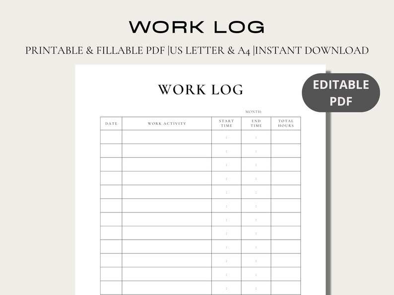 Editable Work Log Printable Time Log Time Tracker Activity - Etsy Canada