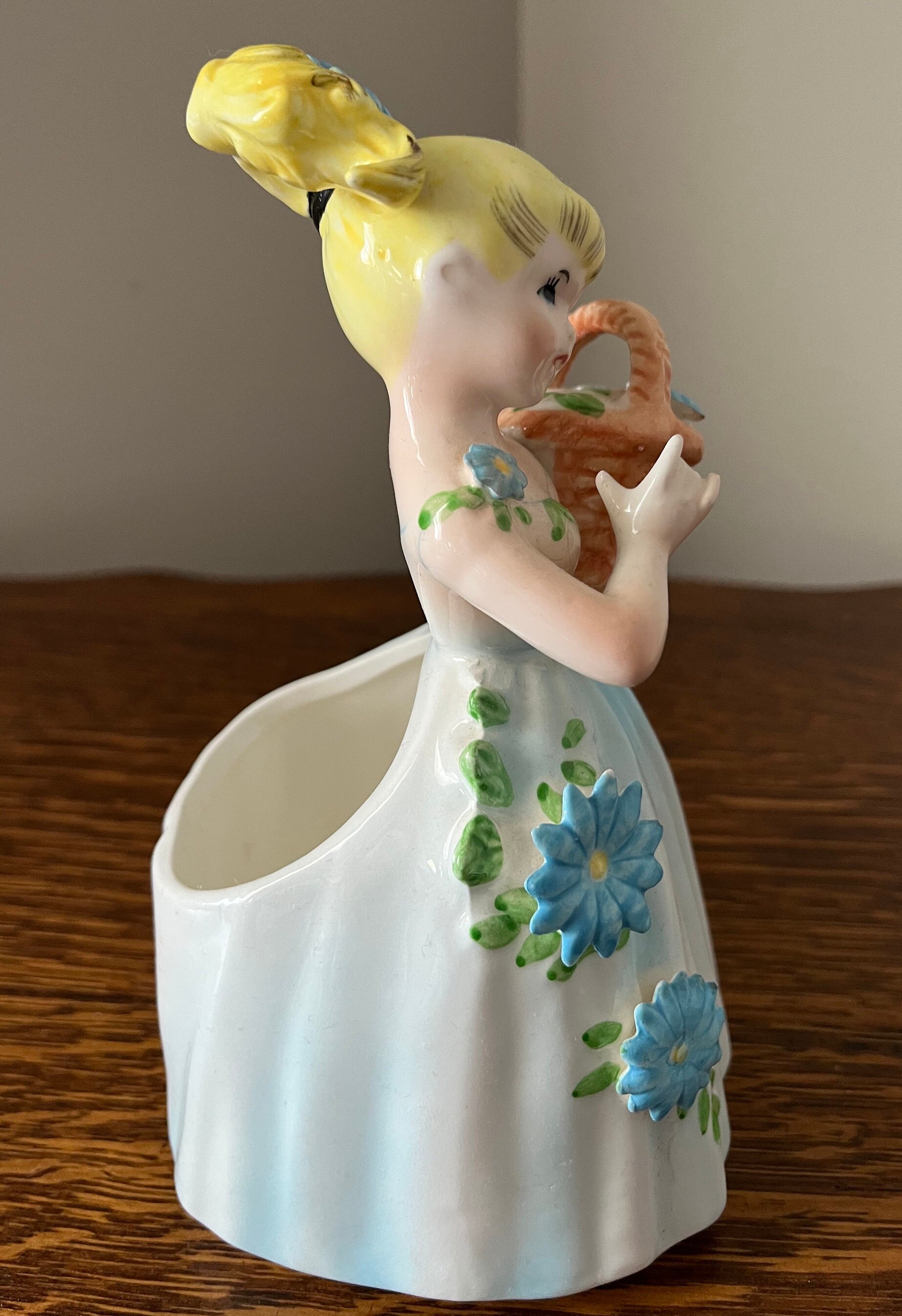 1950 Enesco Ceramic Planter Young Girl in Blue Dress With Basket, 3D ...