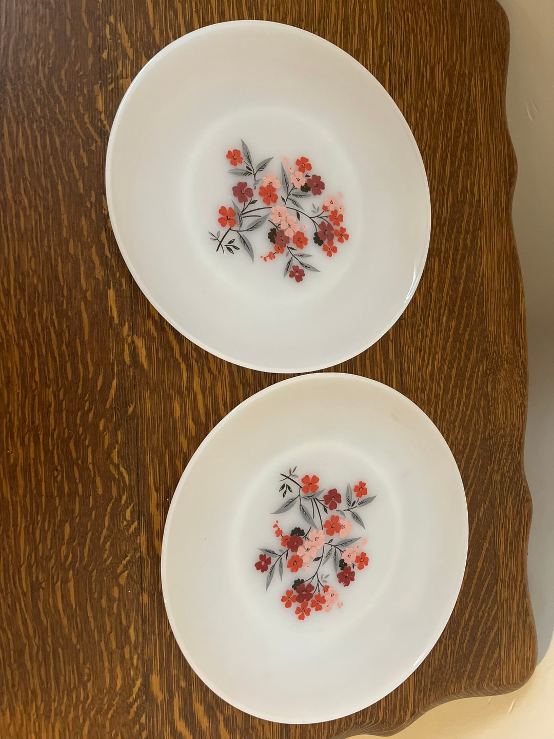 Vintage Fire King Red & Pink Primrose Dinner Plates | Milk Glass ...