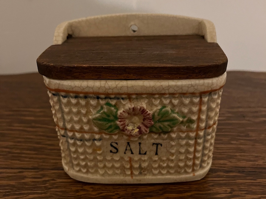 Vintage Porcelain Salt Box With Wood Hinged Lid - Floral Design - Made ...