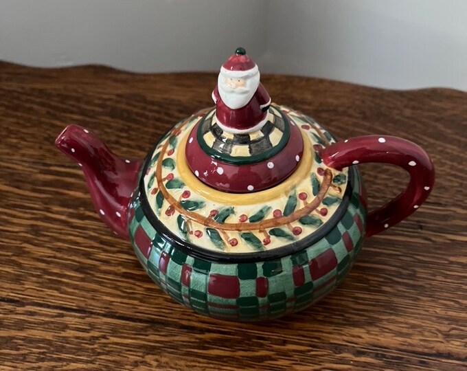 Vintage Debbie Mumm Designs Holly & Plaid Small Teapot | Santa Claus ...