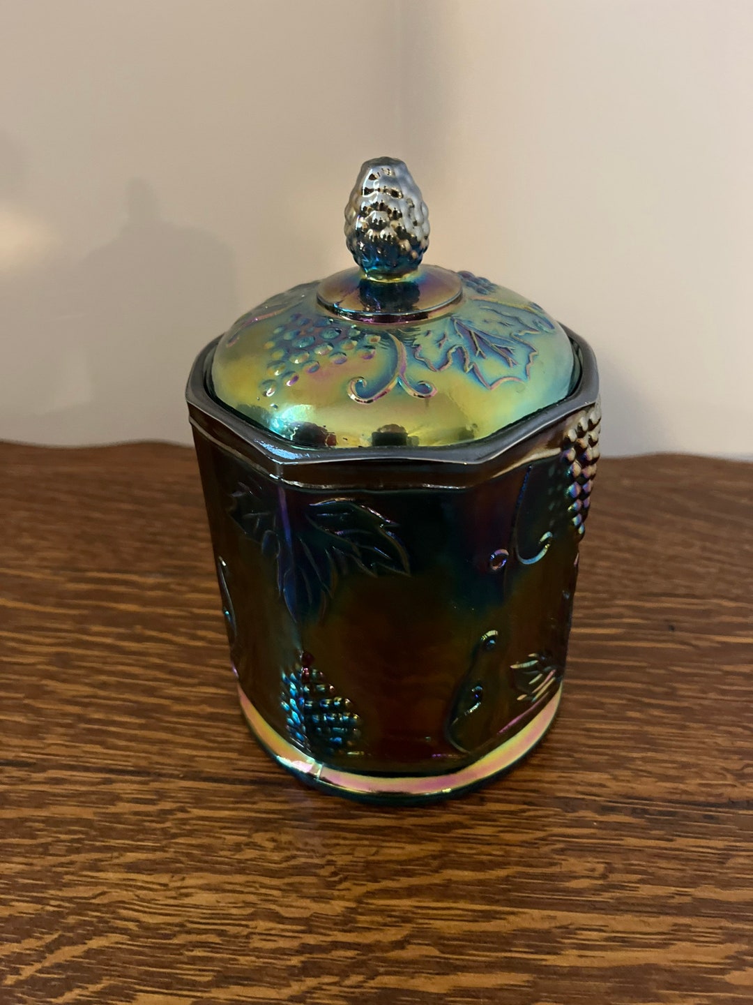 Vintage Blue Carnival Glass Harvest Grape Pattern | Small Canister With ...