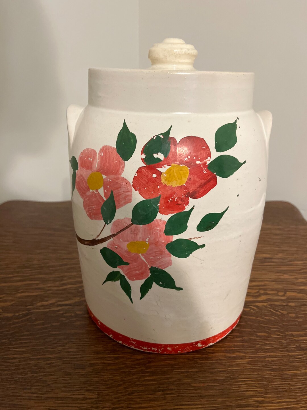 Vintage Hand-painted Flower Glazed Heavy Stoneware Crock With Lid - Etsy