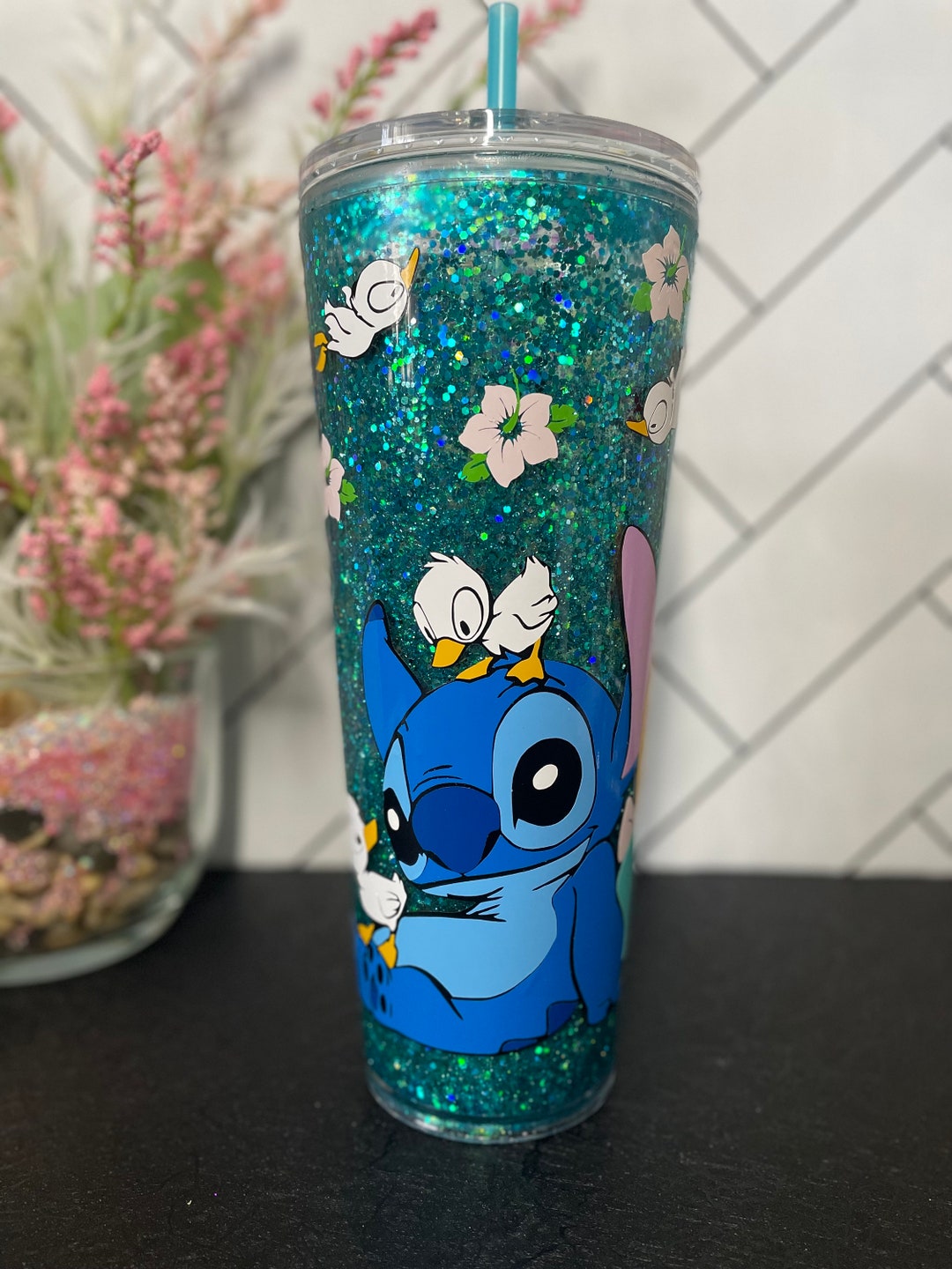 Stitch Cup, Stitch With Duckling Custom Cup, Stitch Snowglobe Cup, 24oz ...