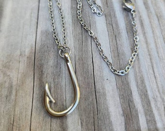 Silver Sideways Fishing Fish Hook Necklace on 16 Chain - Etsy