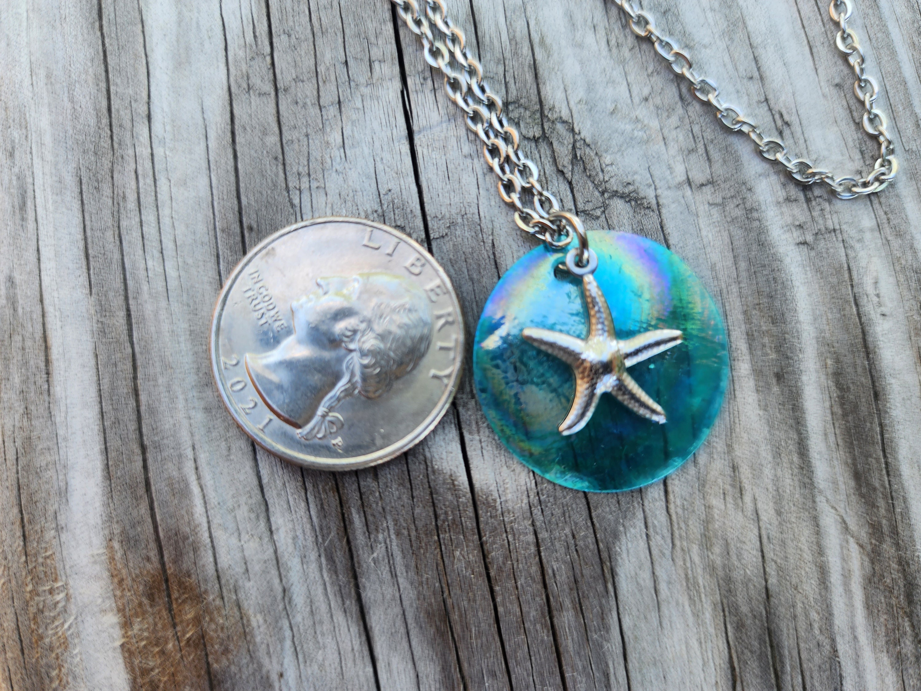 Blue Starfish Capiz Shell Necklace on Silver Stainless Steel Chain - Etsy