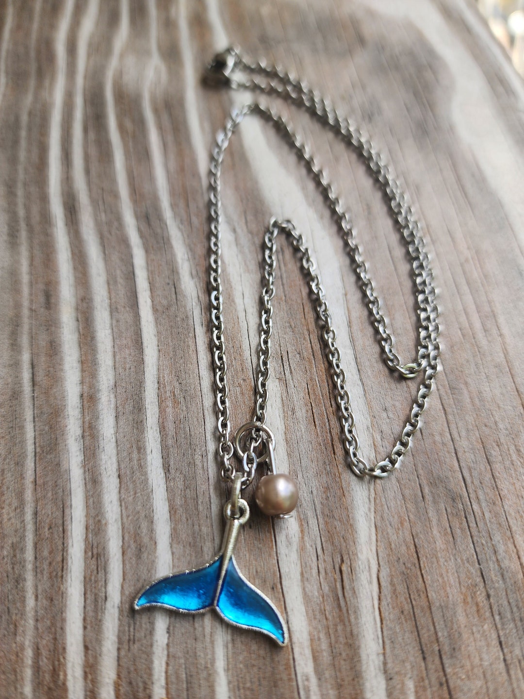 Silver Dolphin Whale Tail Pendant Necklace W/ Bead on Stainless Steel ...