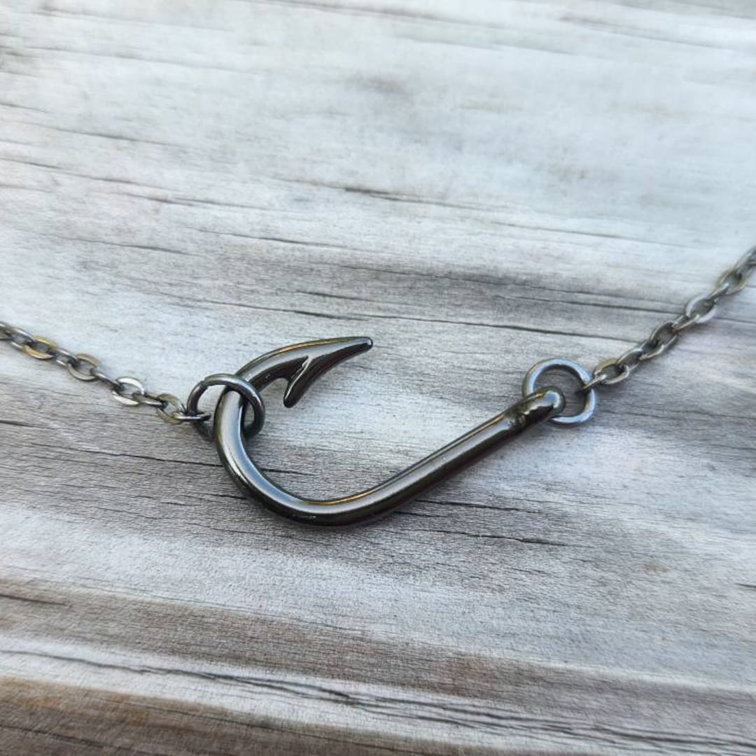 Gunmetal Gray Sideways Fishing Fish Hook Necklace on 16" Chain - Etsy