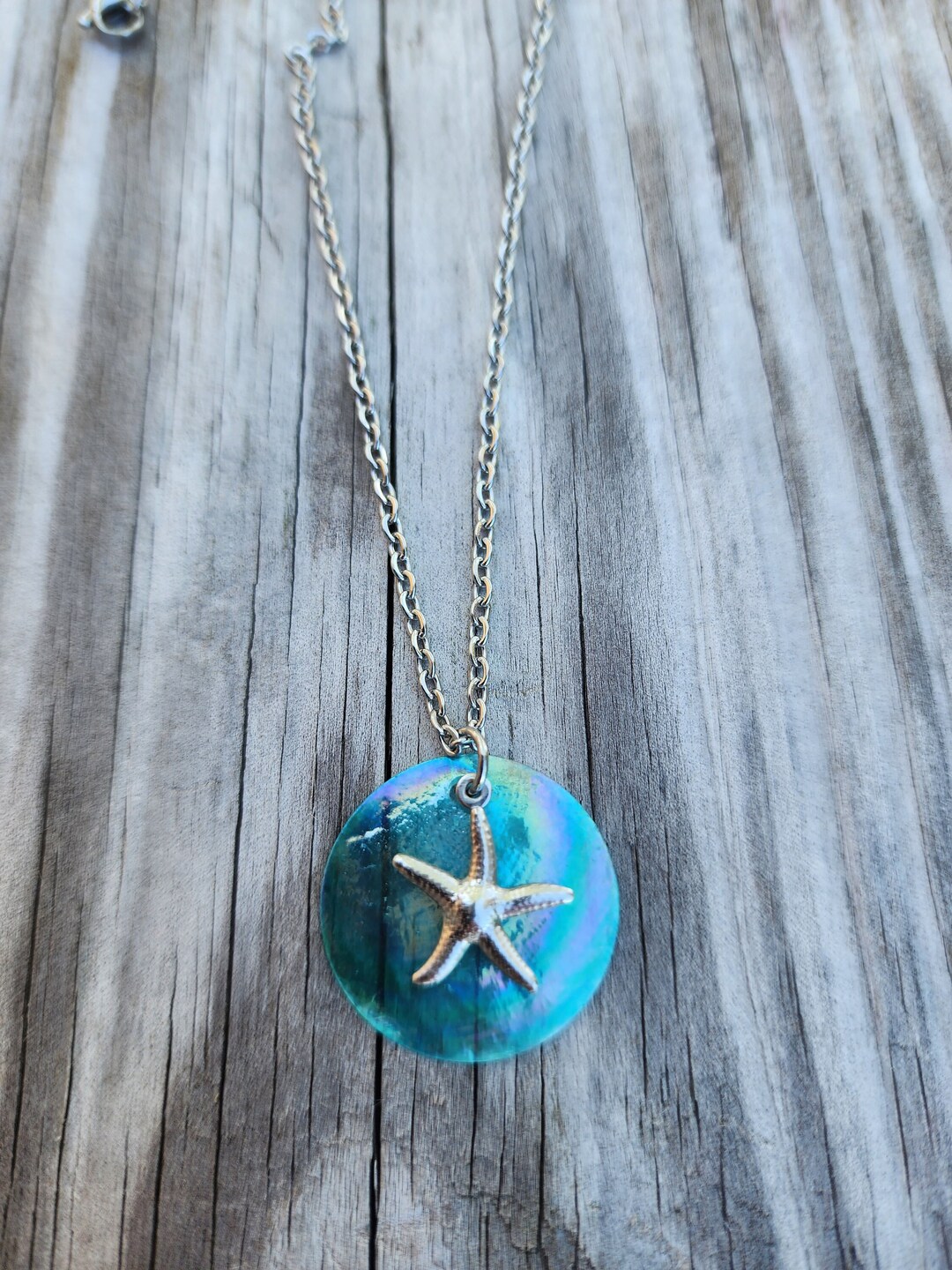 Blue Starfish Capiz Shell Necklace on Silver Stainless Steel Chain - Etsy