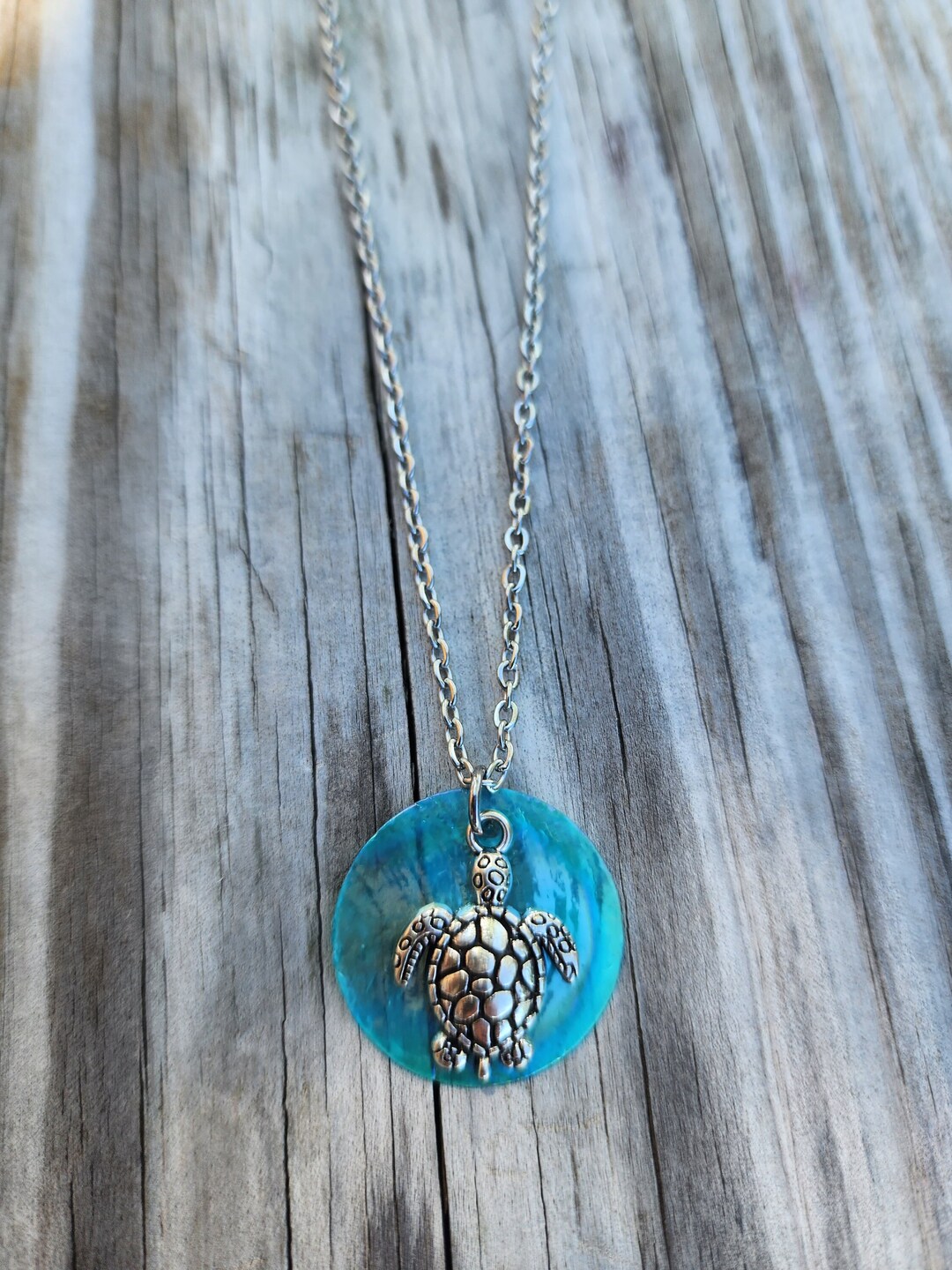 Blue Turtle Capiz Shell Necklace on Silver Stainless Steel Chain - Etsy