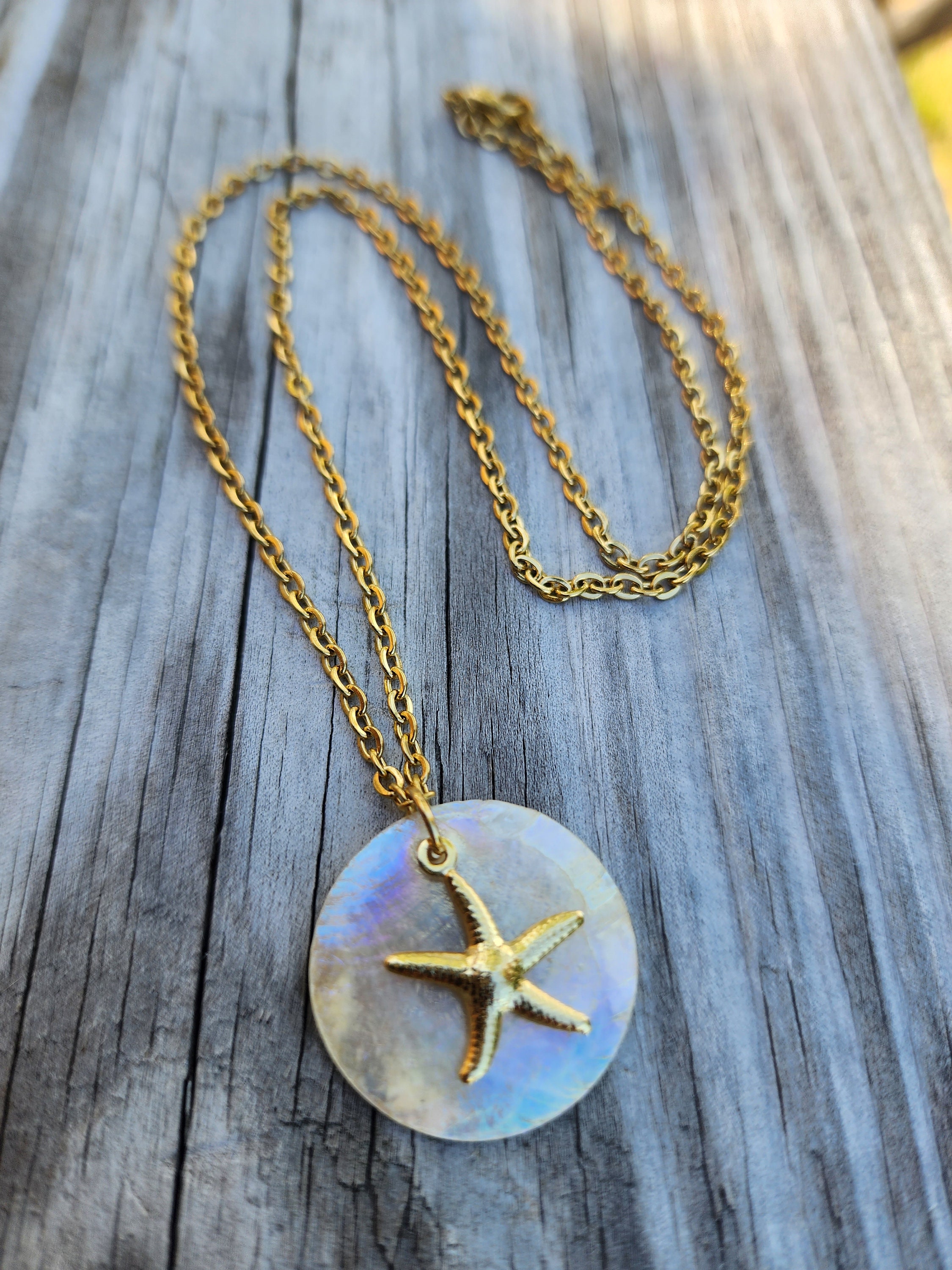 Beachy Starfish Capiz Shell Necklace on Gold Chain - Etsy