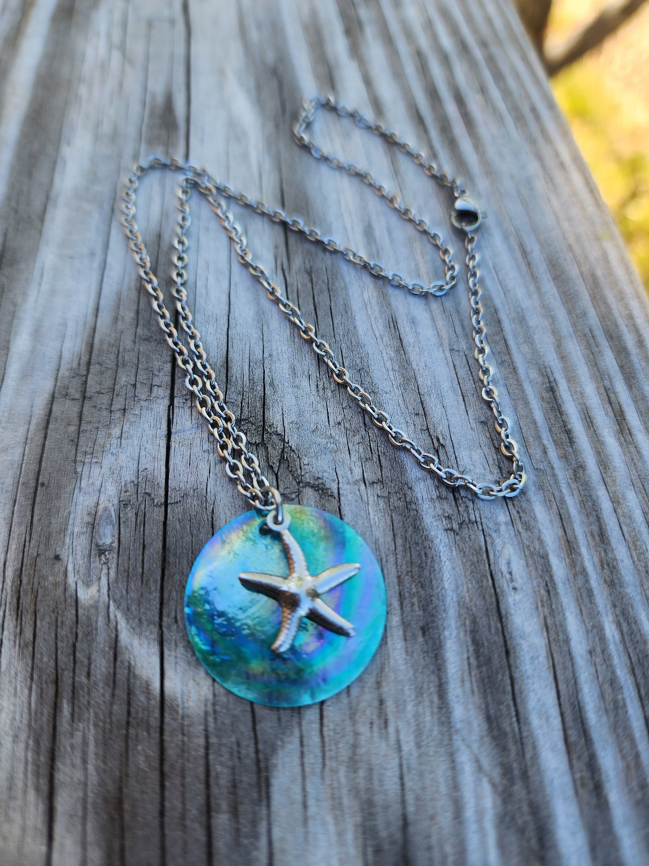 Blue Starfish Capiz Shell Necklace on Silver Stainless Steel Chain - Etsy