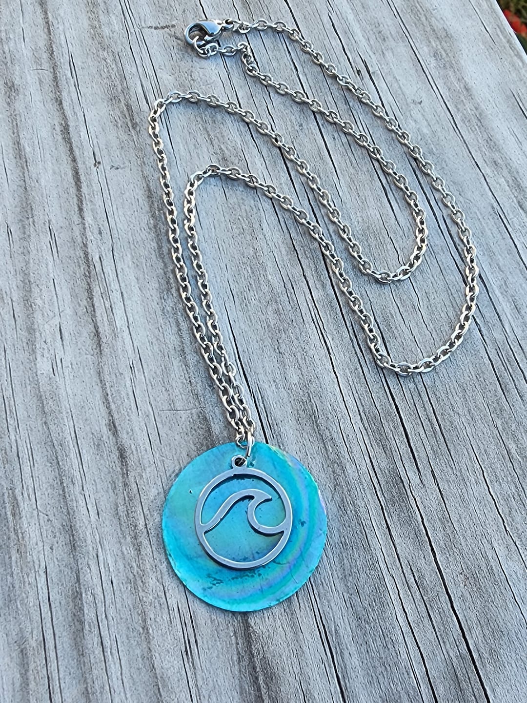 Blue Ocean Wave Capiz Shell Necklace on Silver Stainless Steel Chain - Etsy
