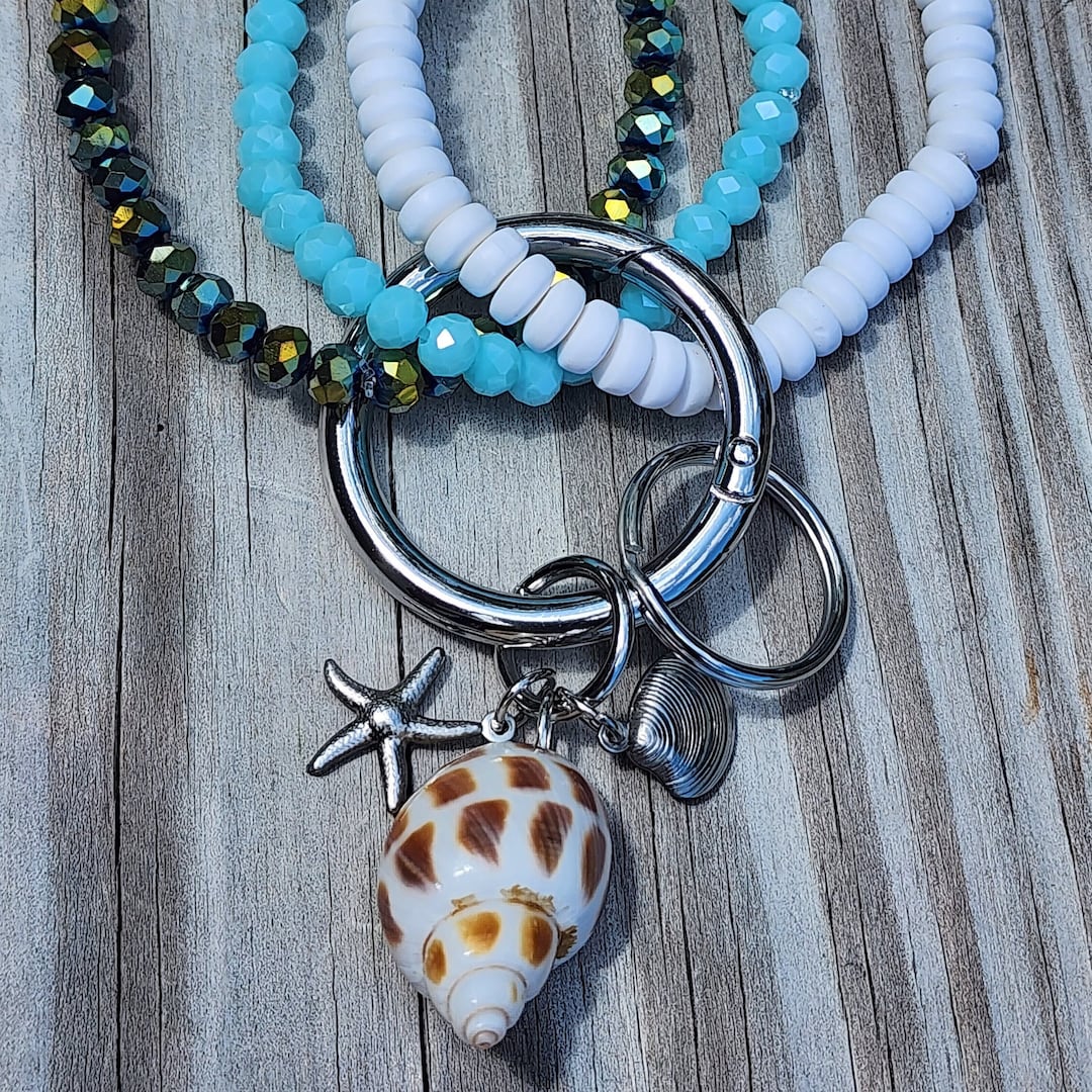 Blue White Natural Spotted Sea Shell Keychain Stretch Bracelet Set With ...
