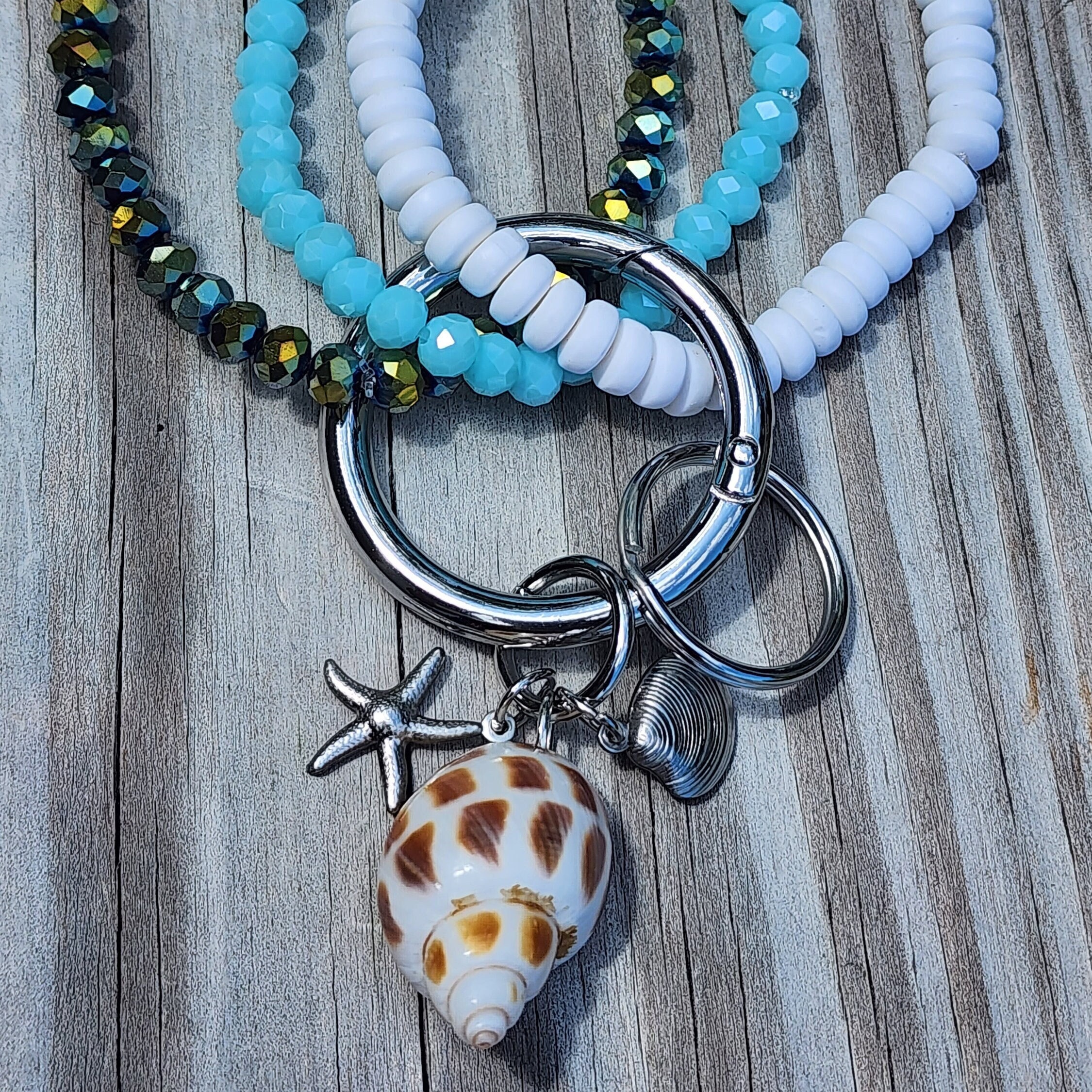 Blue White Natural Spotted Sea Shell Keychain Stretch Bracelet Set With ...
