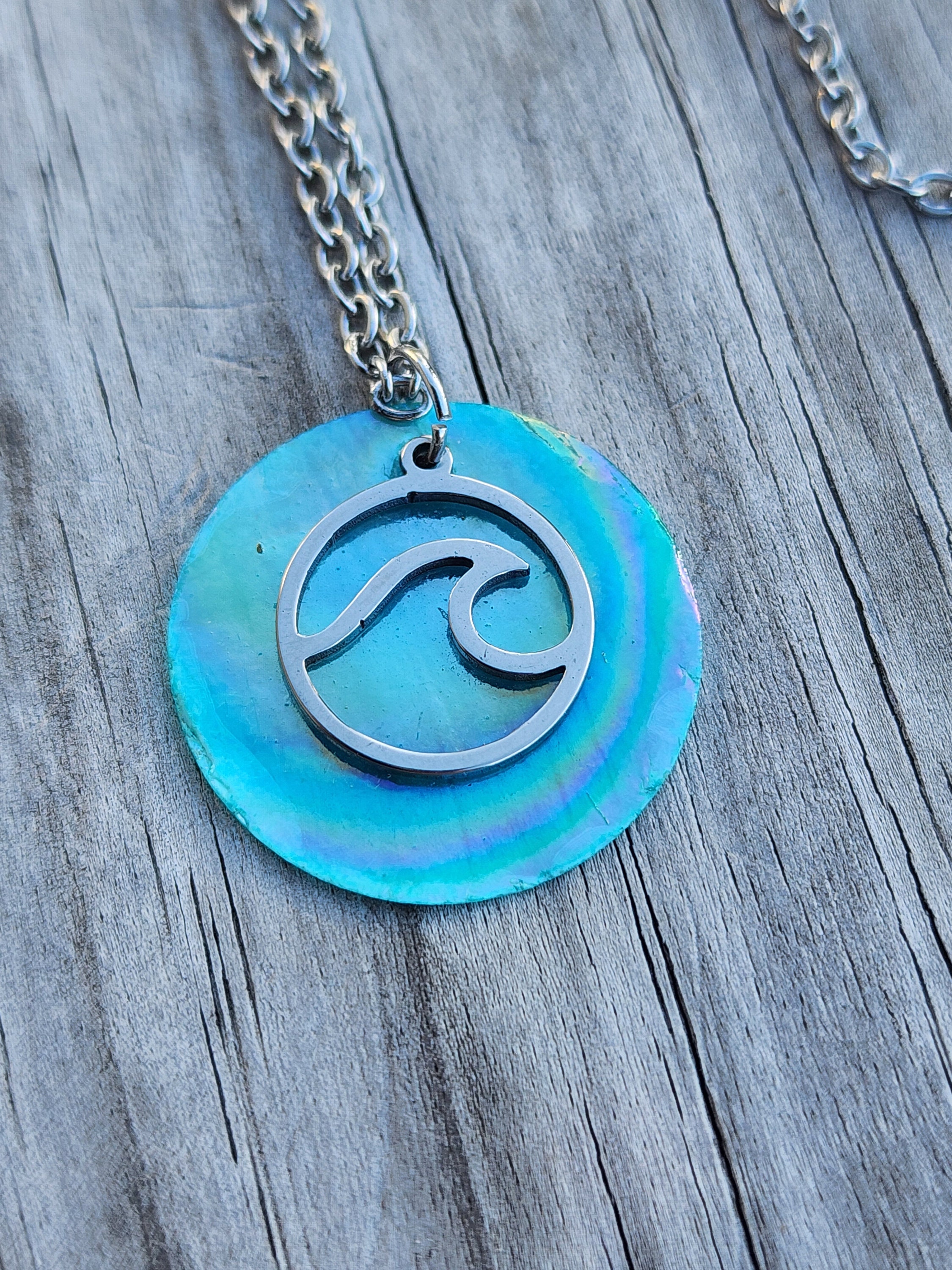Blue Ocean Wave Capiz Shell Necklace on Silver Stainless Steel Chain - Etsy
