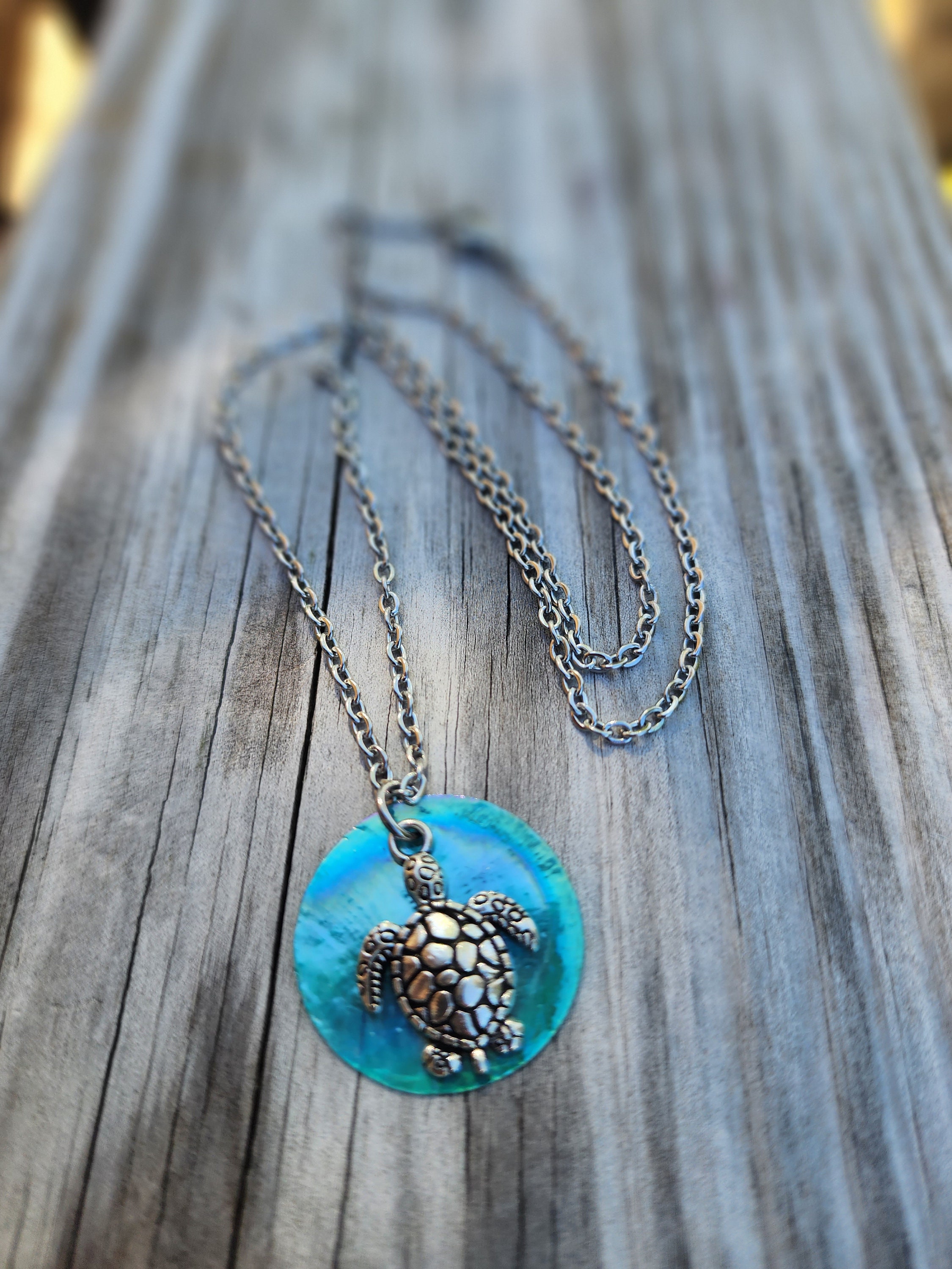 Blue Turtle Capiz Shell Necklace on Silver Stainless Steel Chain - Etsy