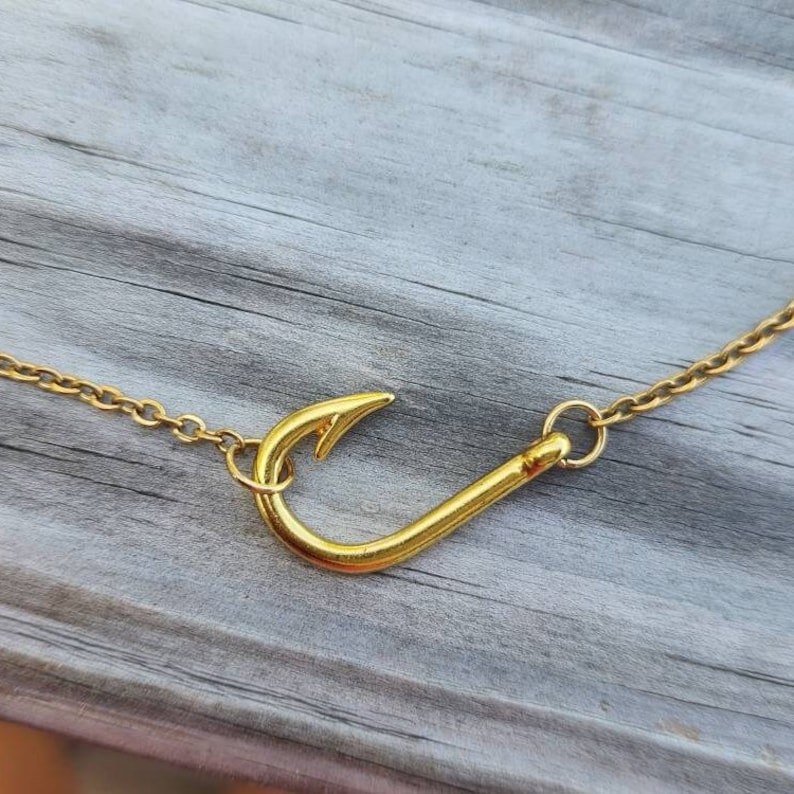 Gold Sideways Fishing Fish Hook Necklace on 16" Chain - Etsy