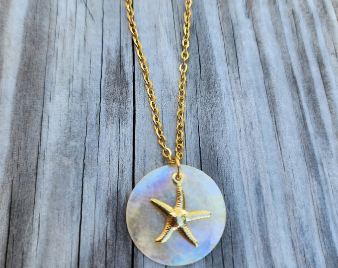 Beachy Starfish Capiz Shell Necklace on Gold Chain - Etsy