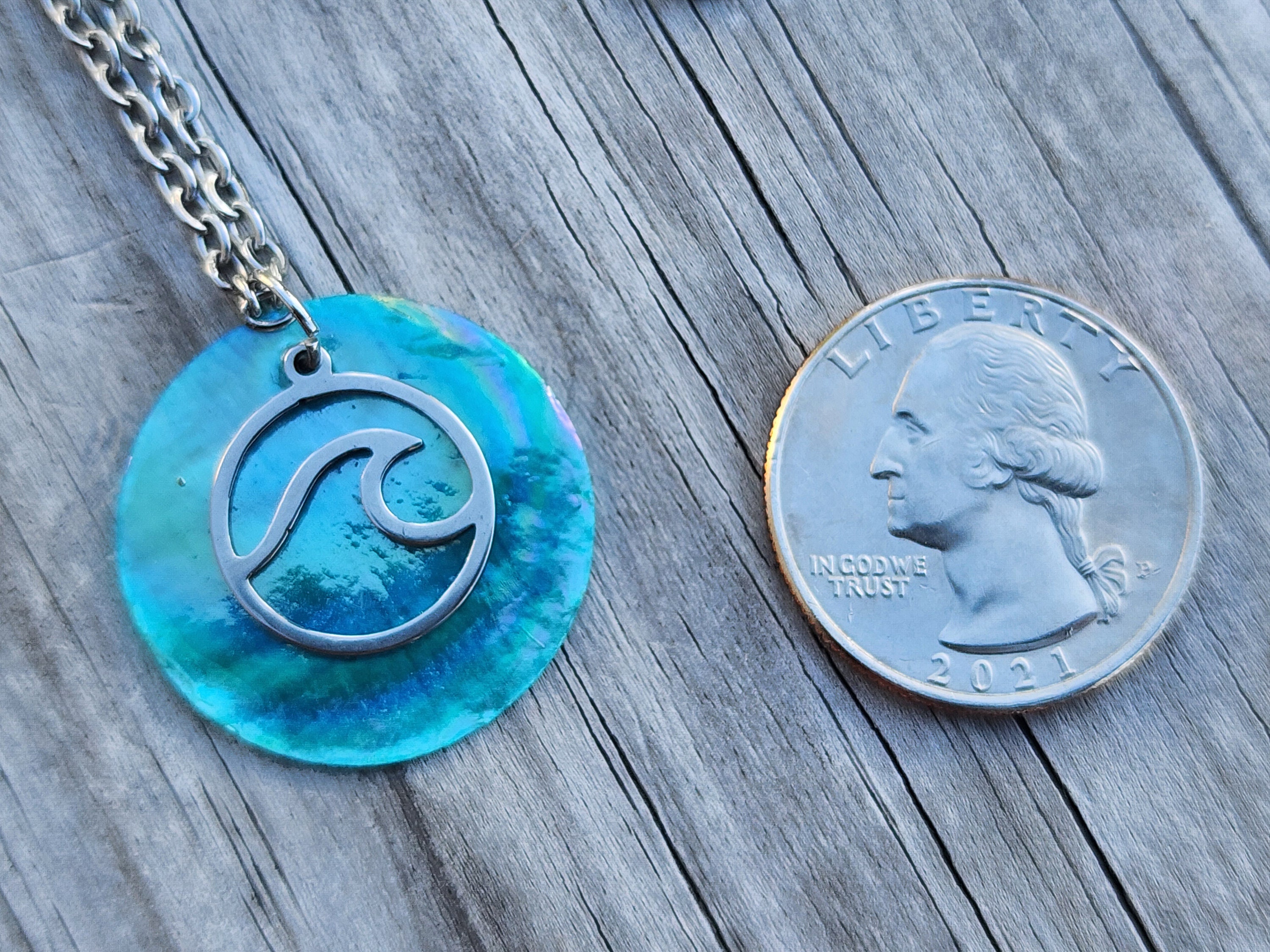 Blue Ocean Wave Capiz Shell Necklace on Silver Stainless Steel Chain - Etsy
