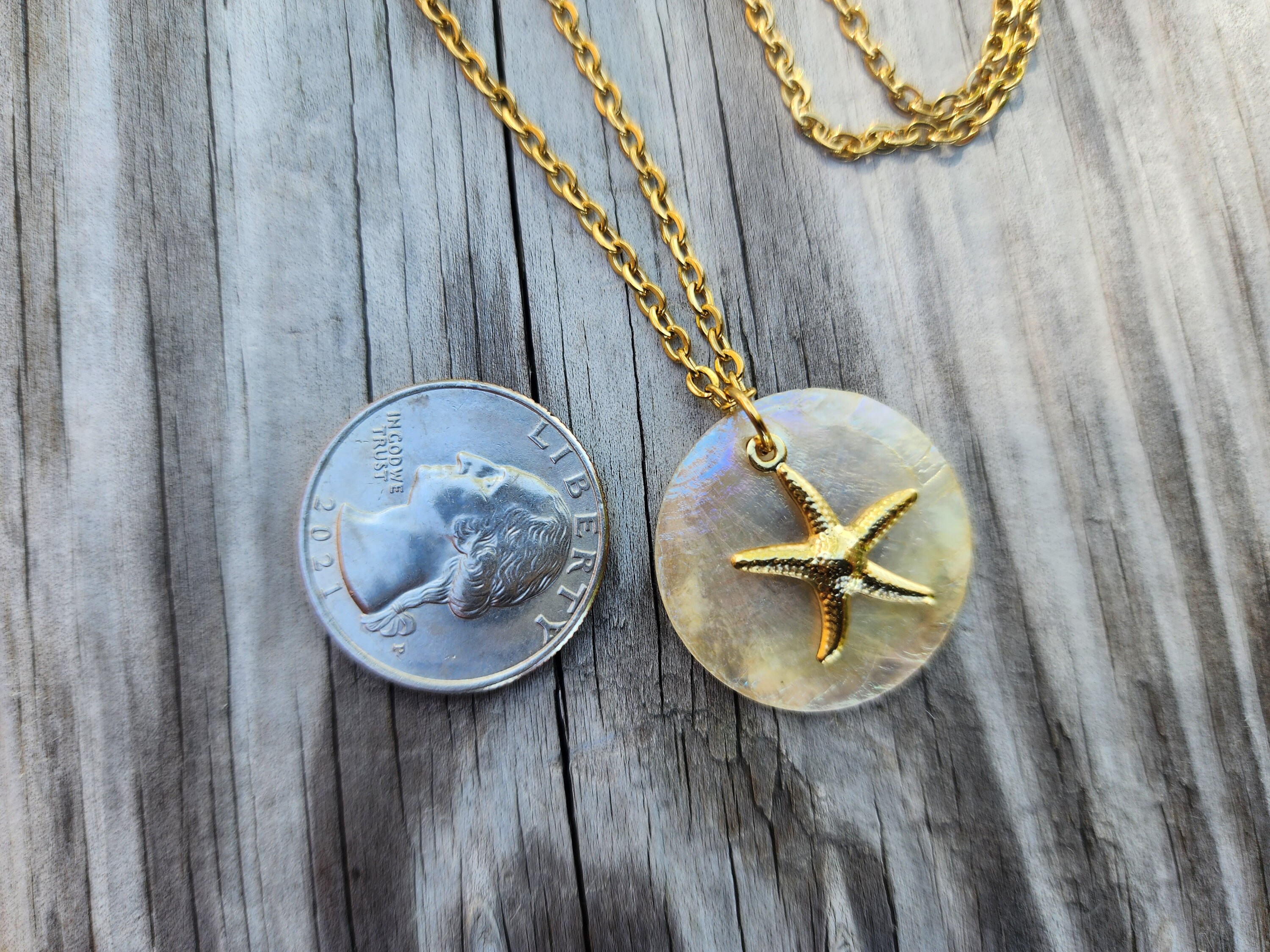 Beachy Starfish Capiz Shell Necklace on Gold Chain - Etsy