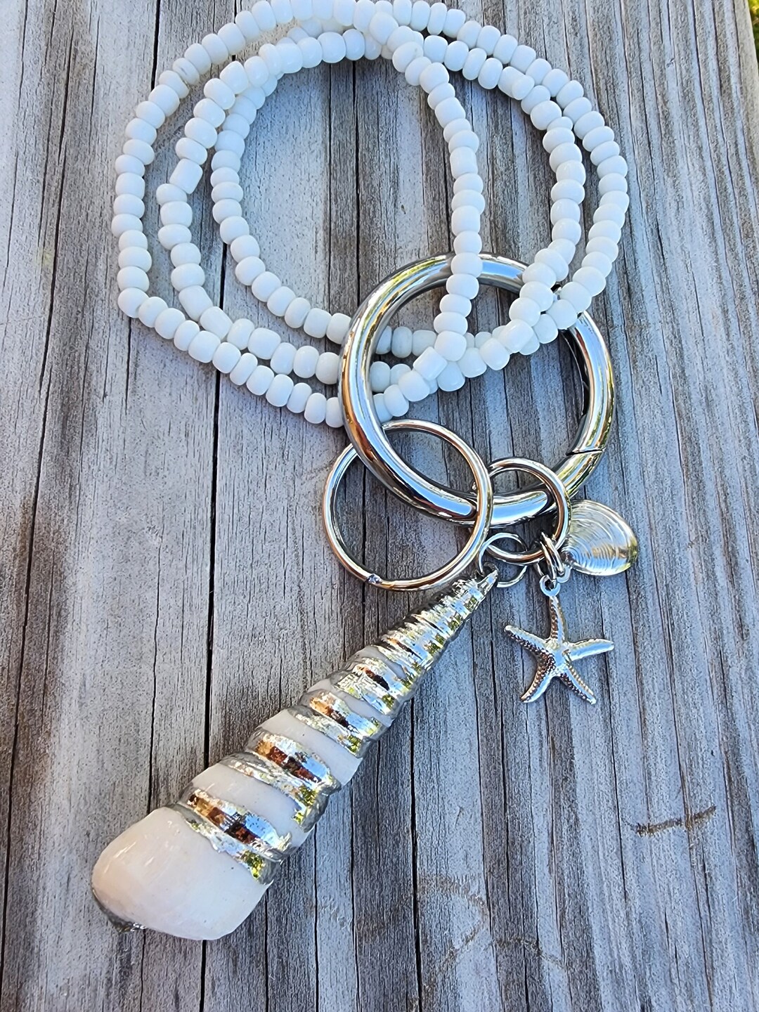 White Glass Seed Bead Stretch Keychain Bracelet Set With Natural Spiral ...