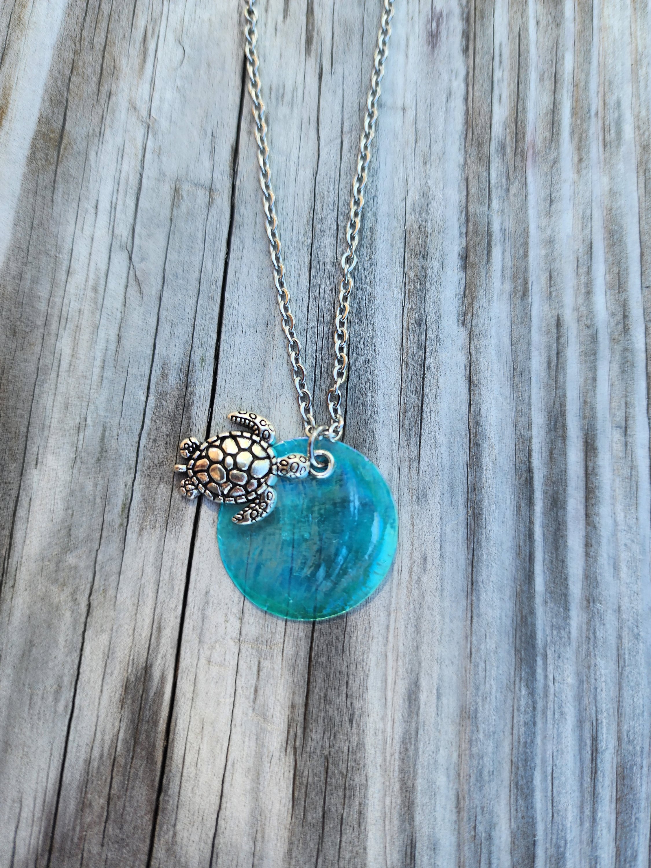 Blue Turtle Capiz Shell Necklace on Silver Stainless Steel Chain - Etsy