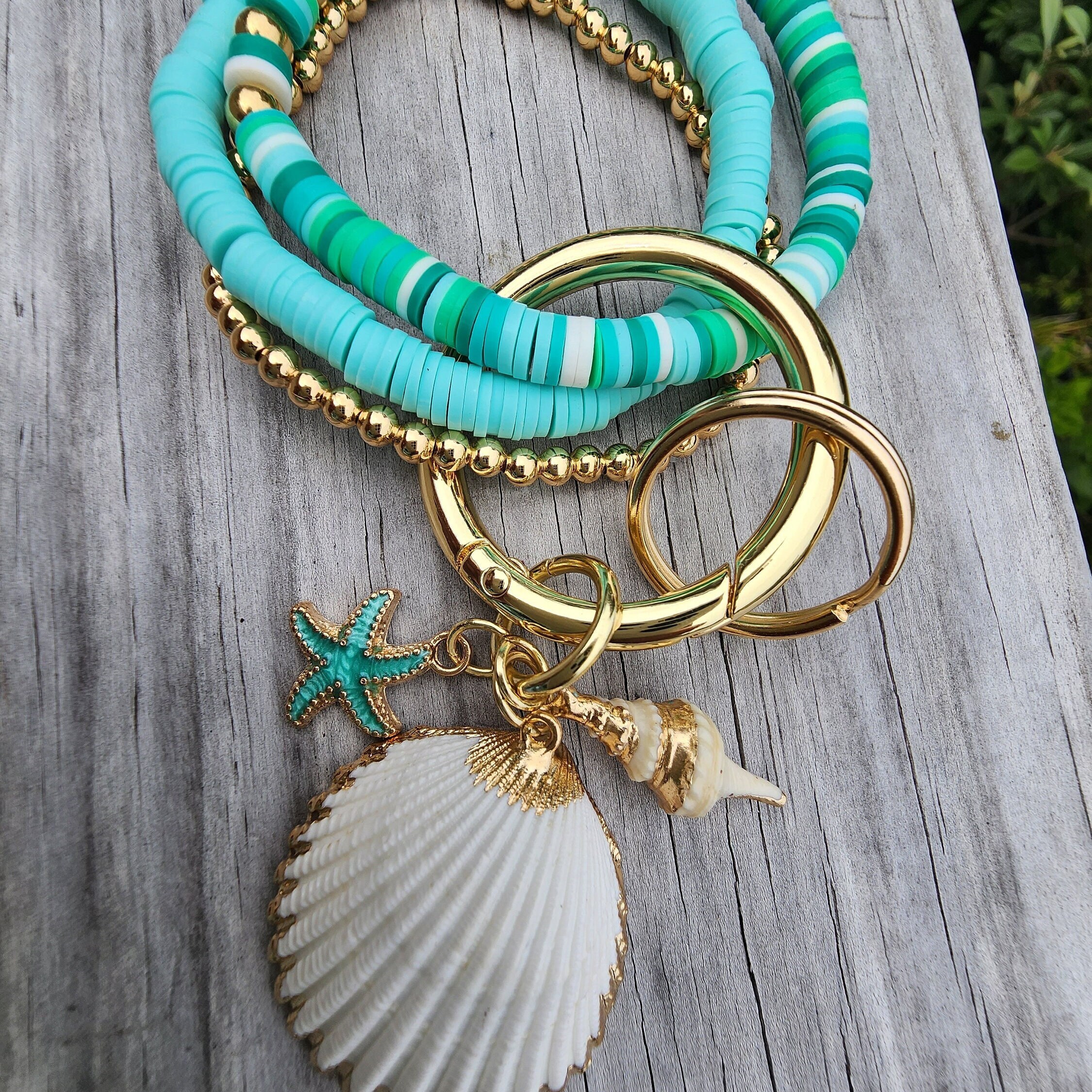 Turquoise and Green Natural Scallop Sea Shell Keychain Stretch - Etsy
