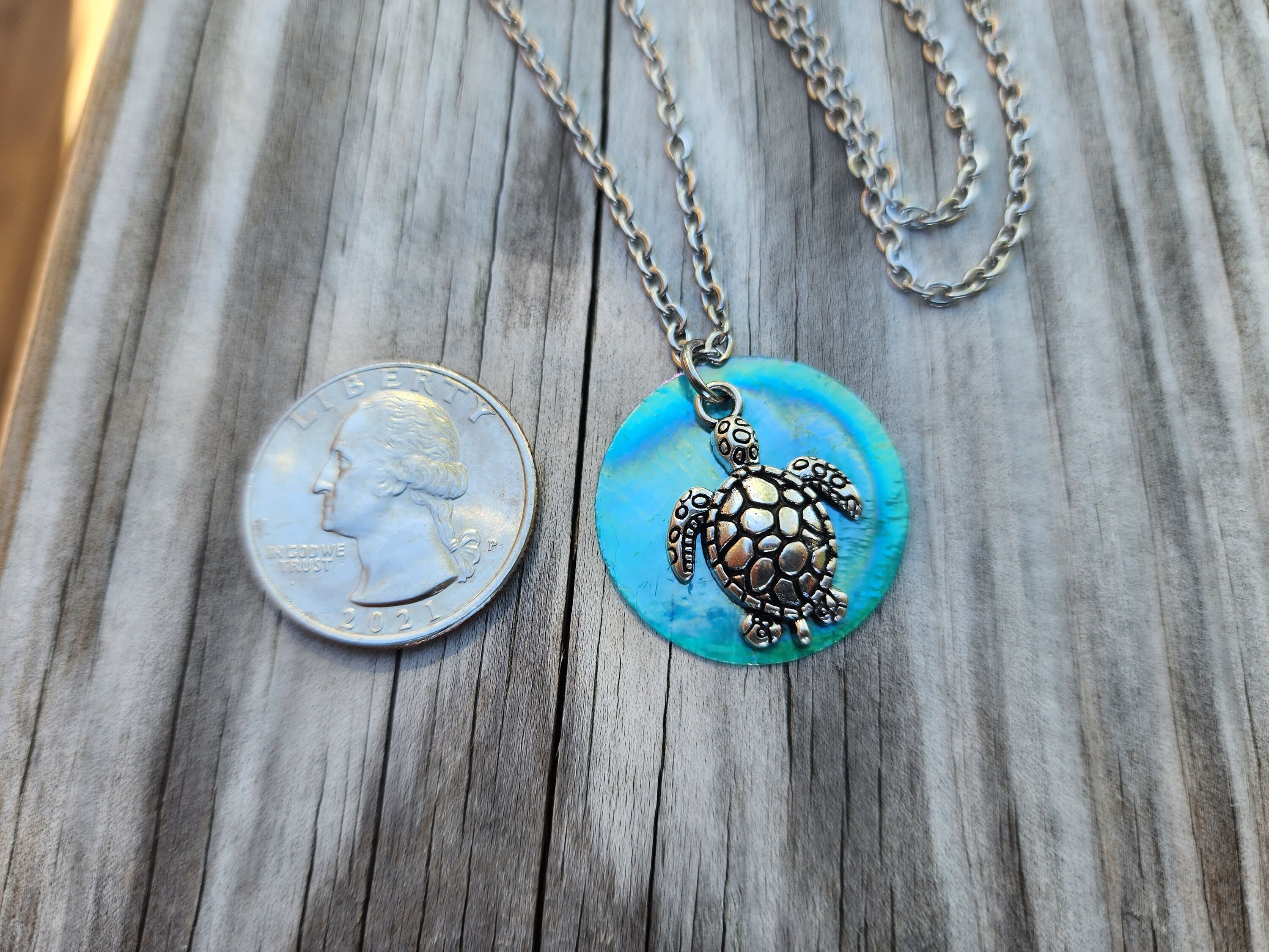 Blue Turtle Capiz Shell Necklace on Silver Stainless Steel Chain - Etsy