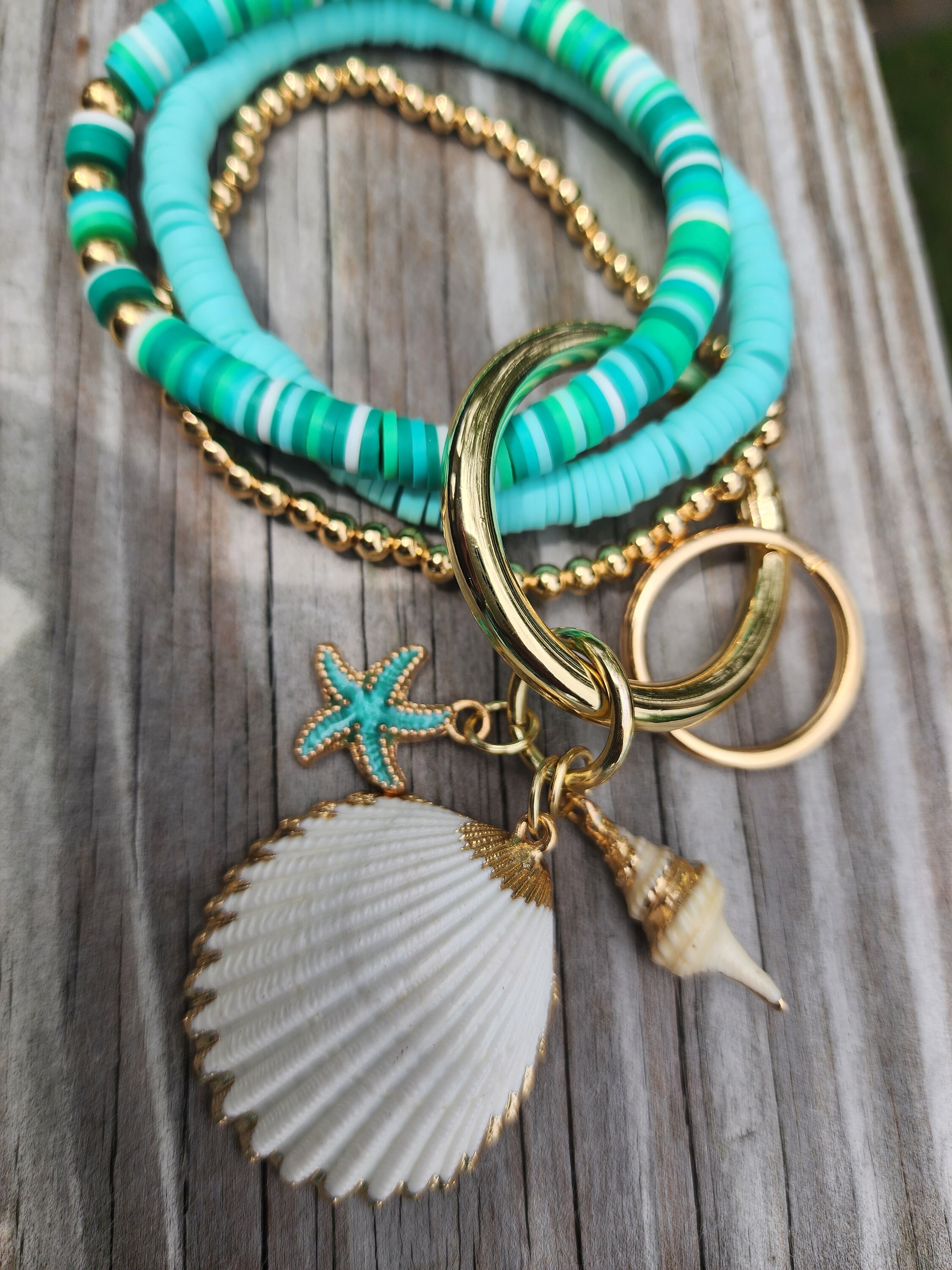 Turquoise and Green Natural Scallop Sea Shell Keychain Stretch - Etsy