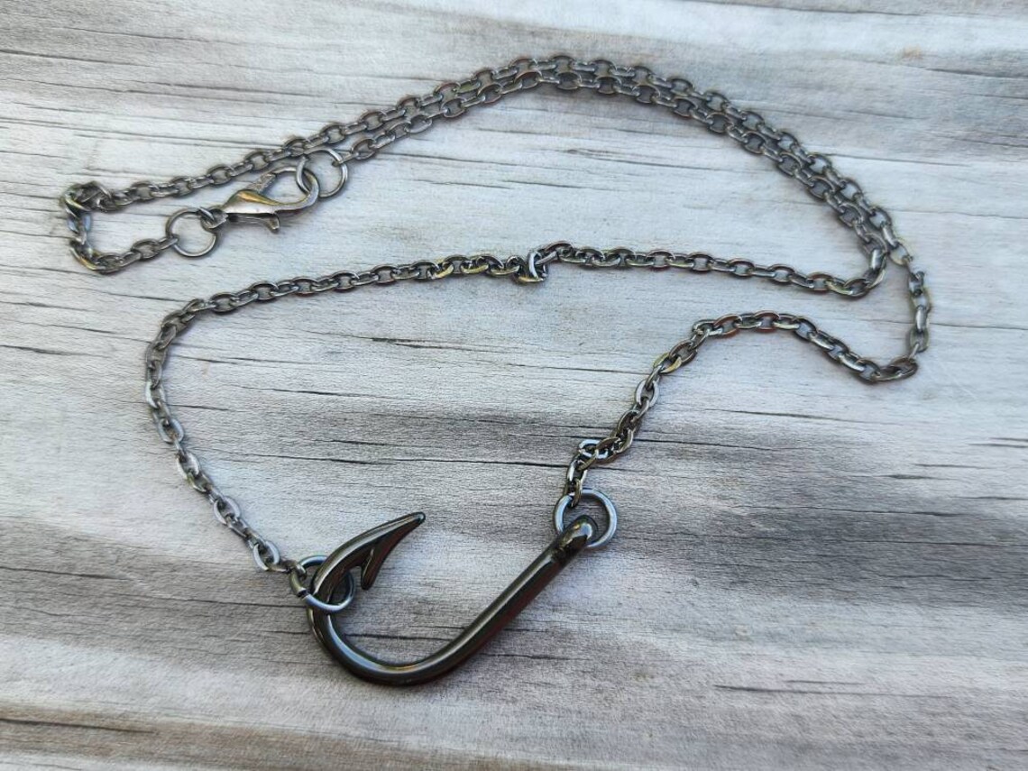 Gunmetal Gray Sideways Fishing Fish Hook Necklace on 16" Chain - Etsy