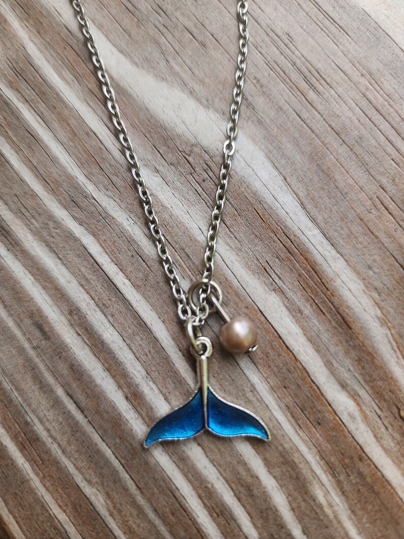 Silver Dolphin Whale Tail Pendant Necklace W/ Bead on Stainless Steel ...