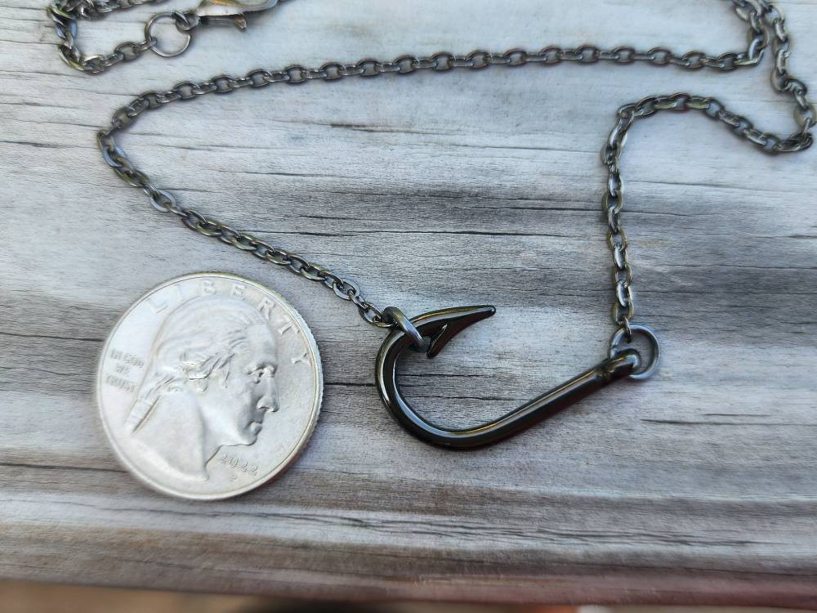 Gunmetal Gray Sideways Fishing Fish Hook Necklace on 16" Chain - Etsy