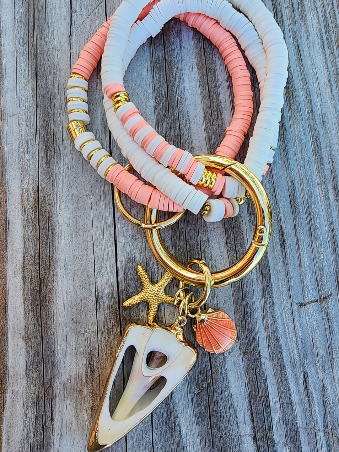 Natural Conch Sea Shell Keychain Stretch Bracelet Set With Coral Pink ...