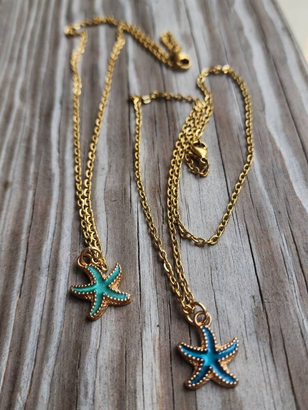 Teal Green or Blue Gold Enamel Starfish Sea Star Charm Necklace on Stainless Steel Chain - Etsy