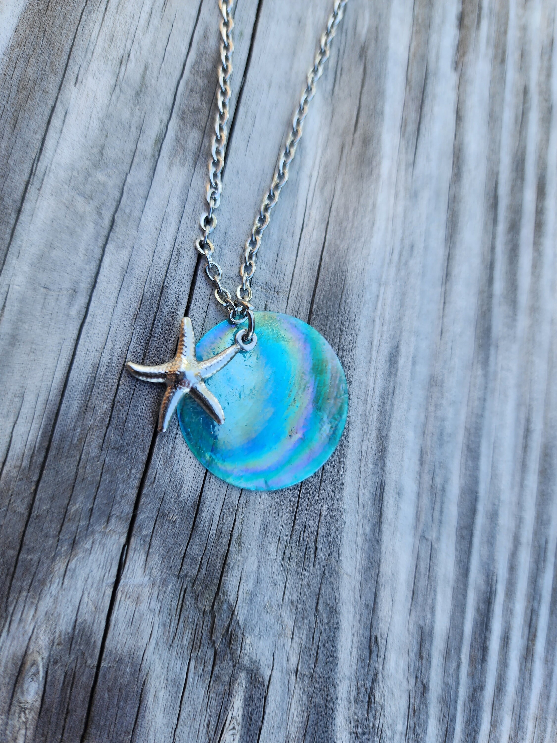 Blue Starfish Capiz Shell Necklace on Silver Stainless Steel Chain - Etsy