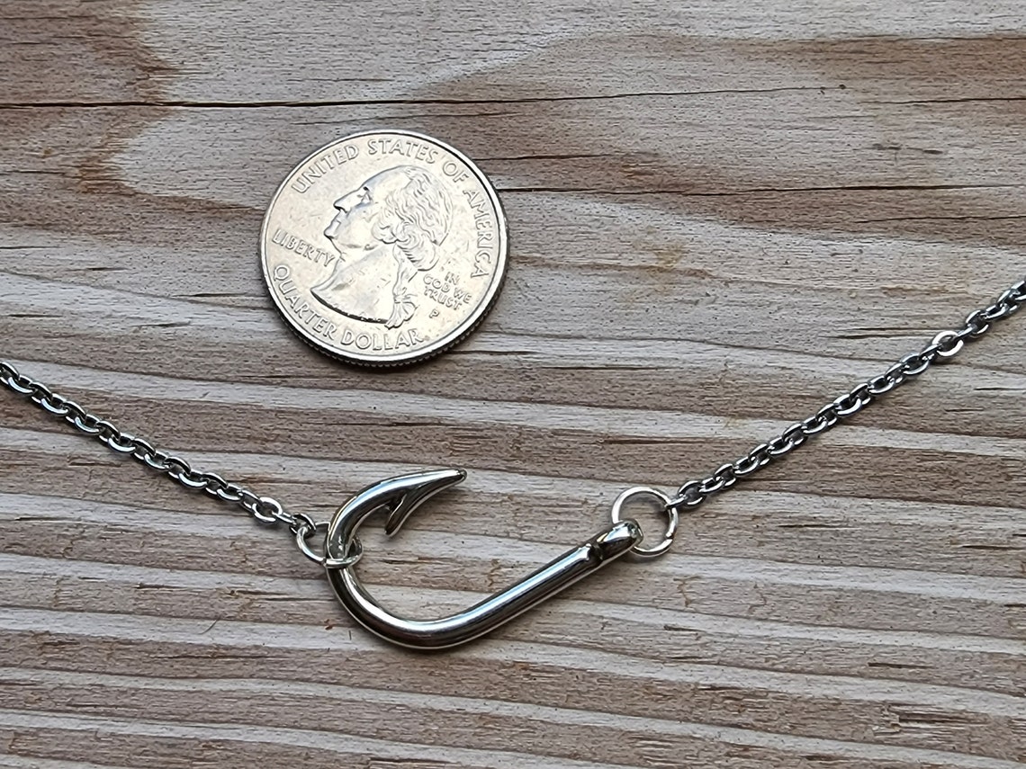 Silver Sideways Fishing Fish Hook Necklace on 16" Chain - Etsy