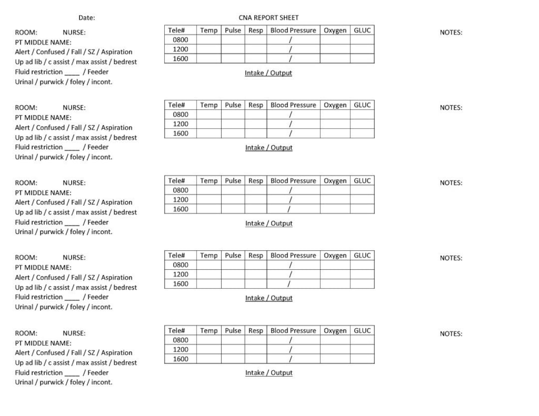CNA, Nurse Tech Report Sheet, Vital Sign Sheet - Etsy