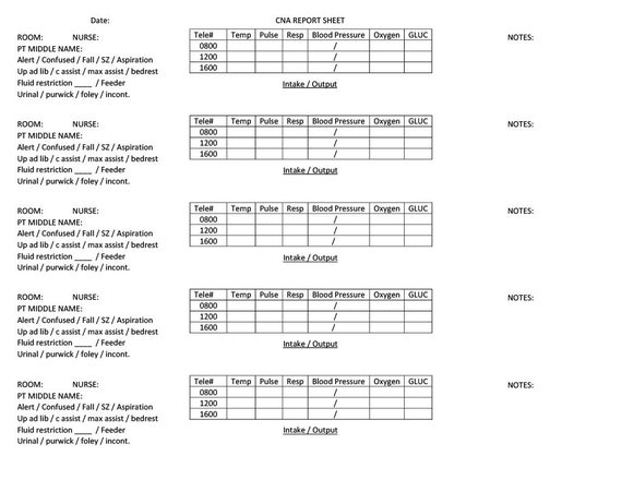 CNA Nurse Tech Report Sheet Vital Sign Sheet - Etsy