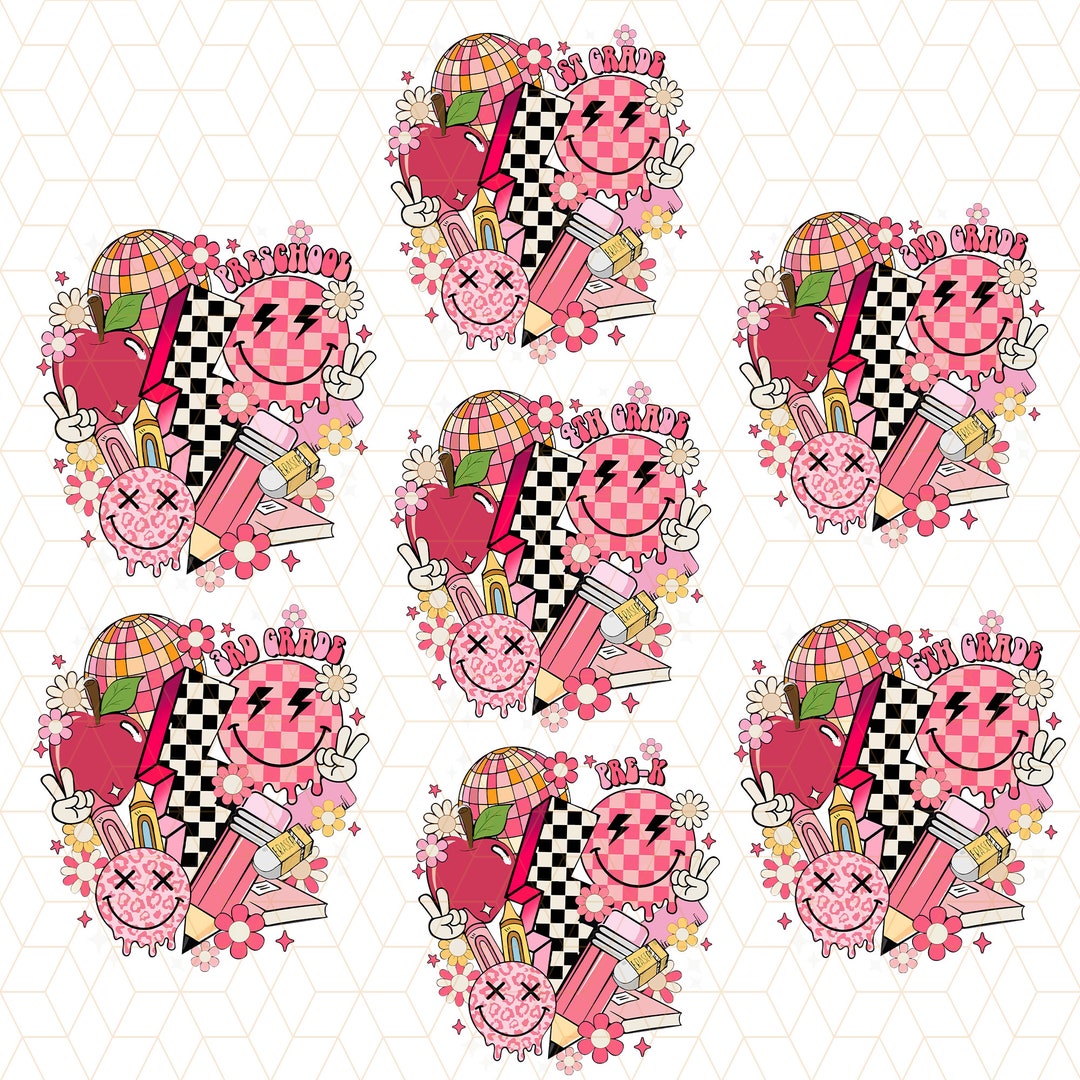 Retro Groovy Smiley Face School Bundle Png, Checkered Back to School ...