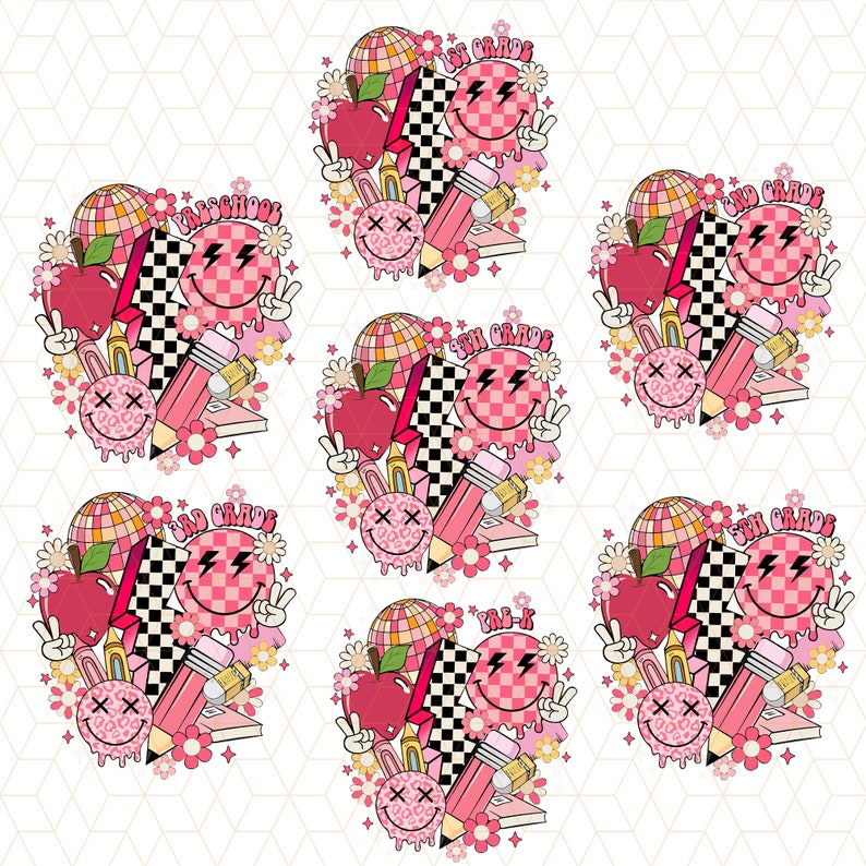 Retro Groovy Smiley Face School Bundle Png, Checkered Back to School ...