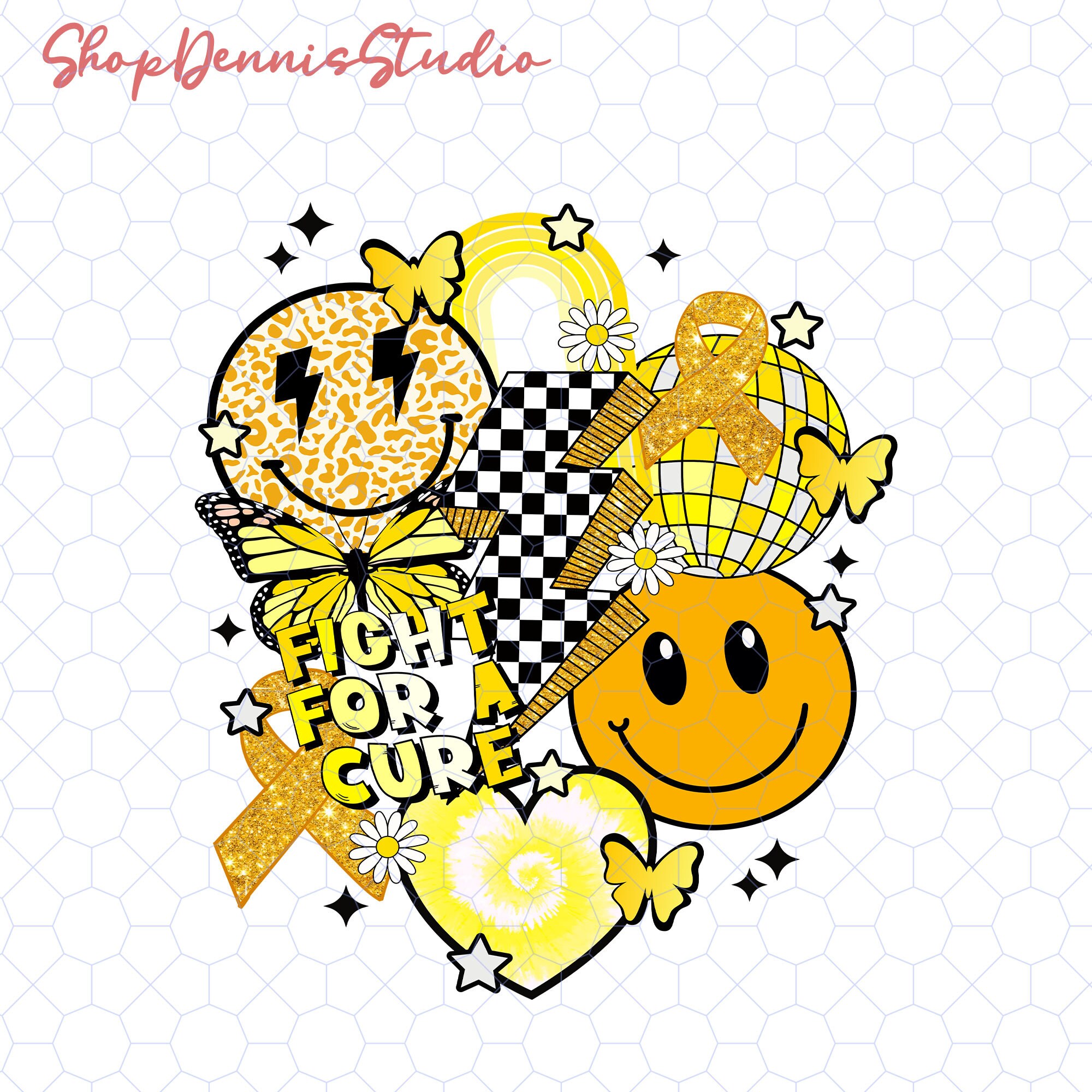 Retro Lightning Bolt Smiley Face Fight for Cure Png, Childhood Cancer ...