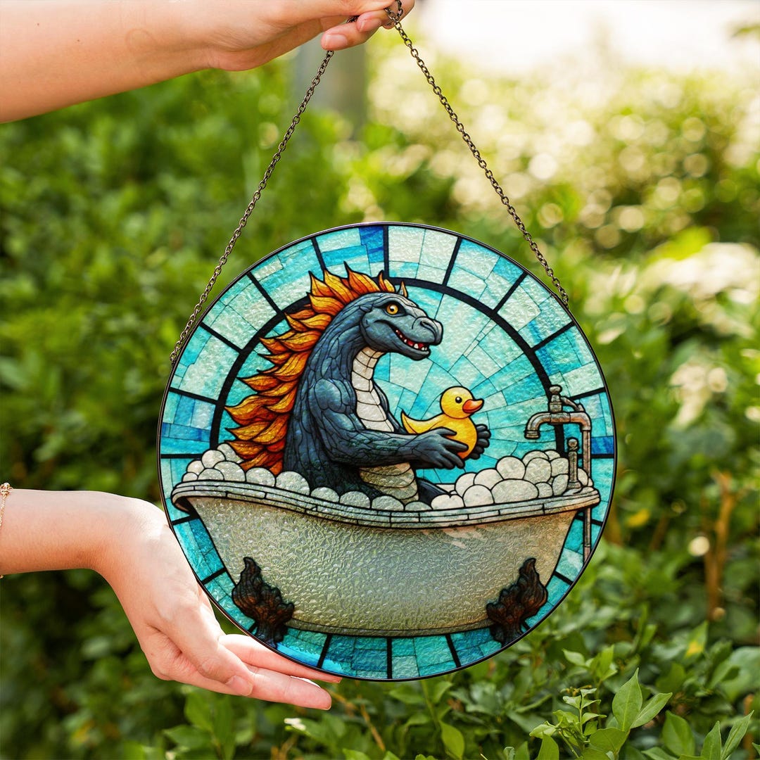 Godzilla Glass Suncatcher, Funny Bathroom Stained Glass, Meme Dinosaur ...