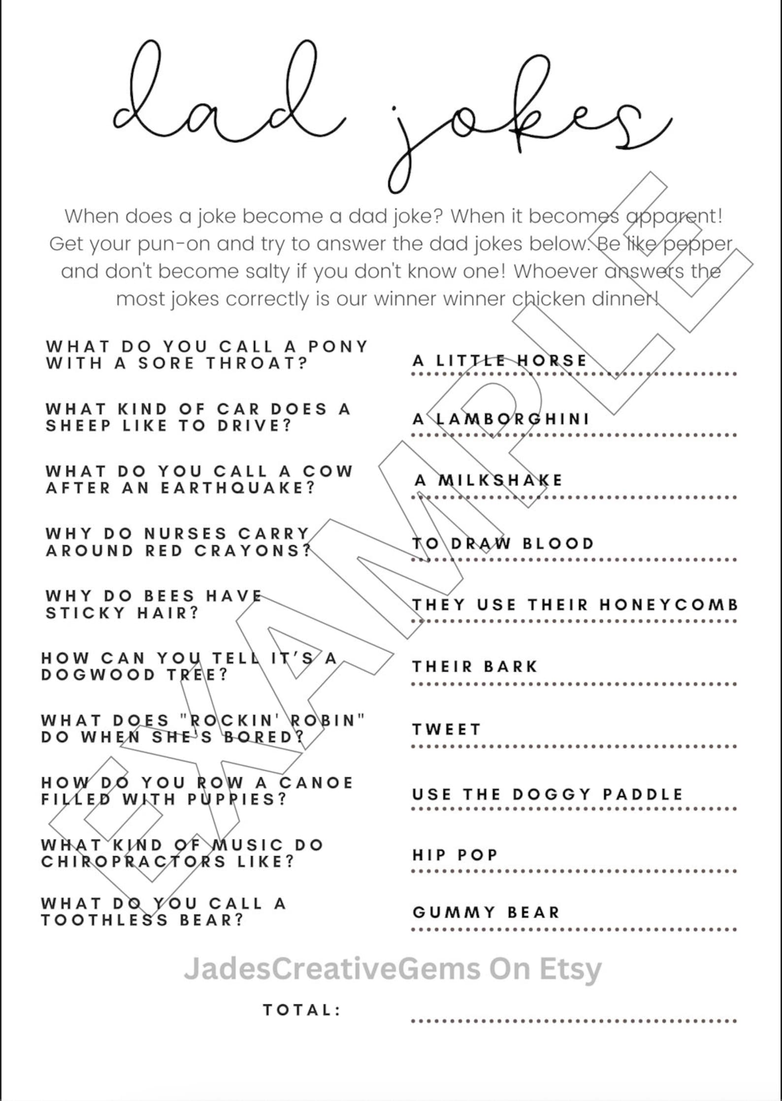 Dad Joke Baby Shower Game: Instant Download W/ Worksheet & Answer Key ...