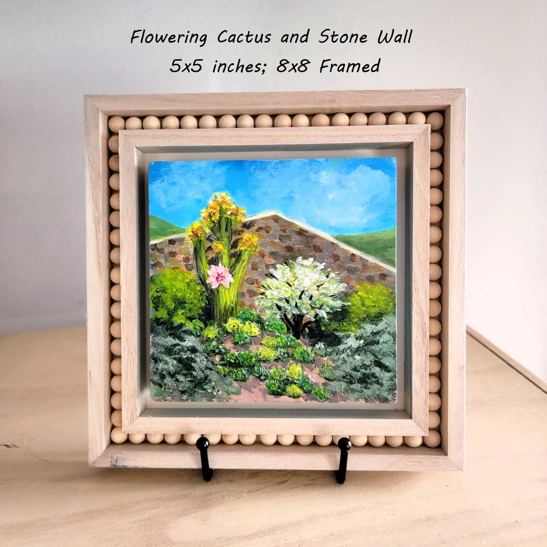 Flowering Cactus in Front of Stone Wall, Acrylic Painting (5x5 Inches ...
