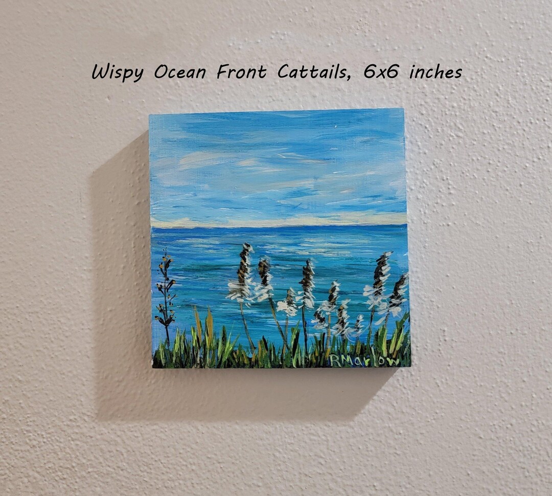 Wispy Ocean Front Cattails, Acrylic Painting (6x6 Inches on Wood Panel ...